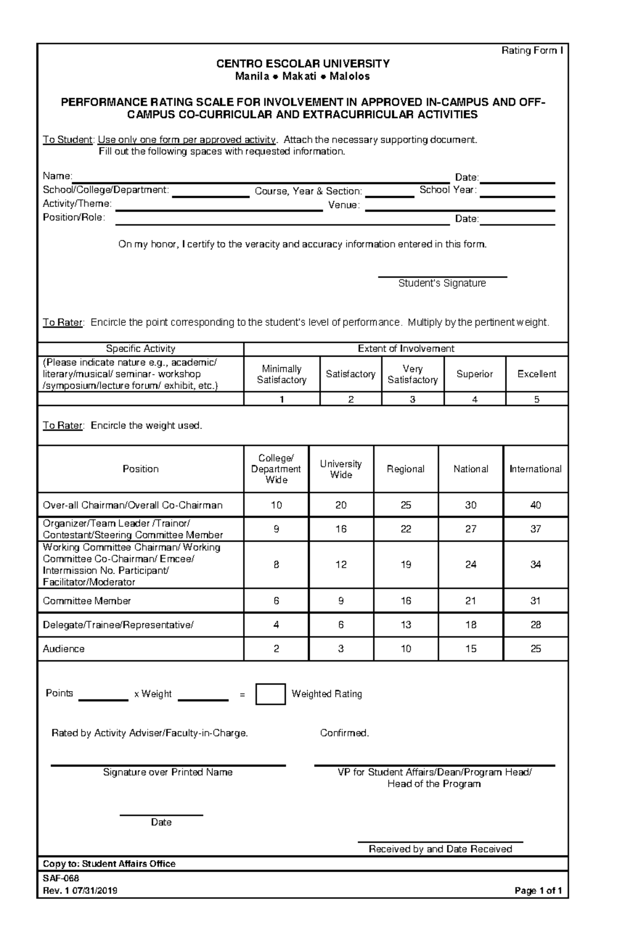 SAF 068 - Performance Rating Form for Co-Curricular Activities - Studocu