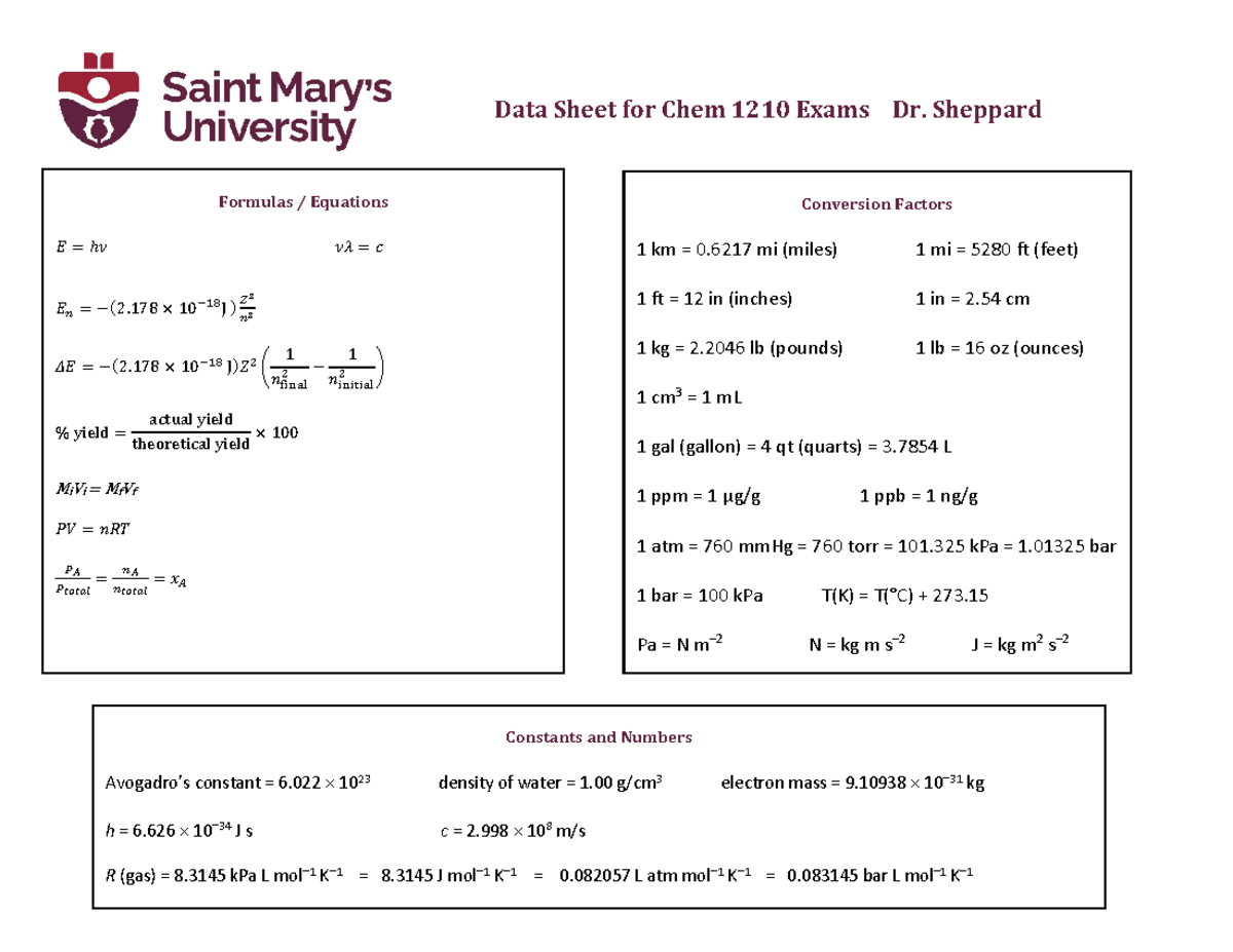 Chem 1210 Data Sheet for Exams - Data Sheet for Chem 1210 Exams Dr ...