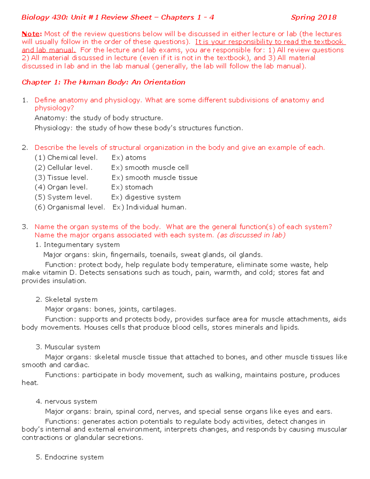 B430: Exam 1 Review Sheet - Biology 430 Spring 2018 (Chapters 1-4) - Studocu