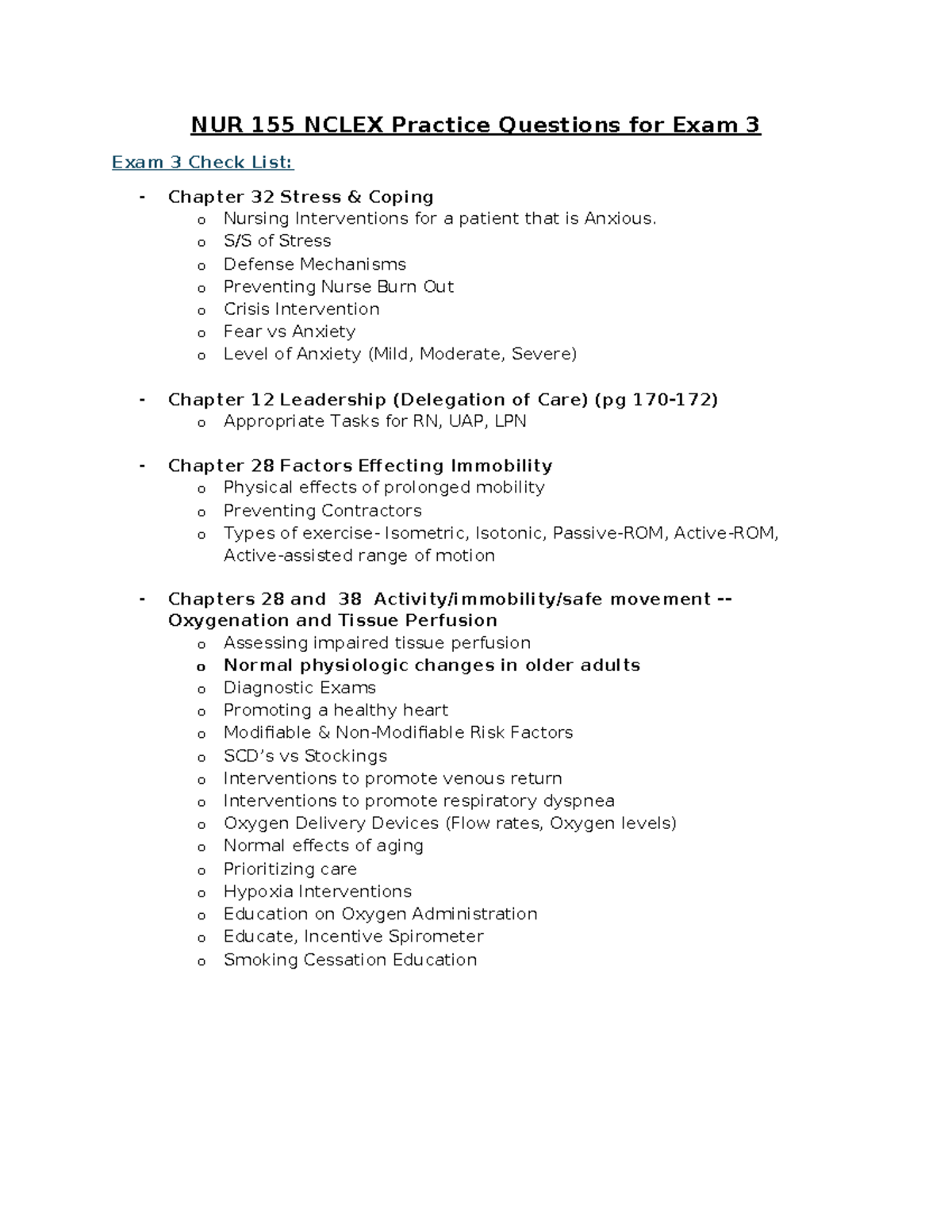 NUR 155 Check list Exam 3 - NUR 155 NCLEX Practice Questions for Exam 3 ...