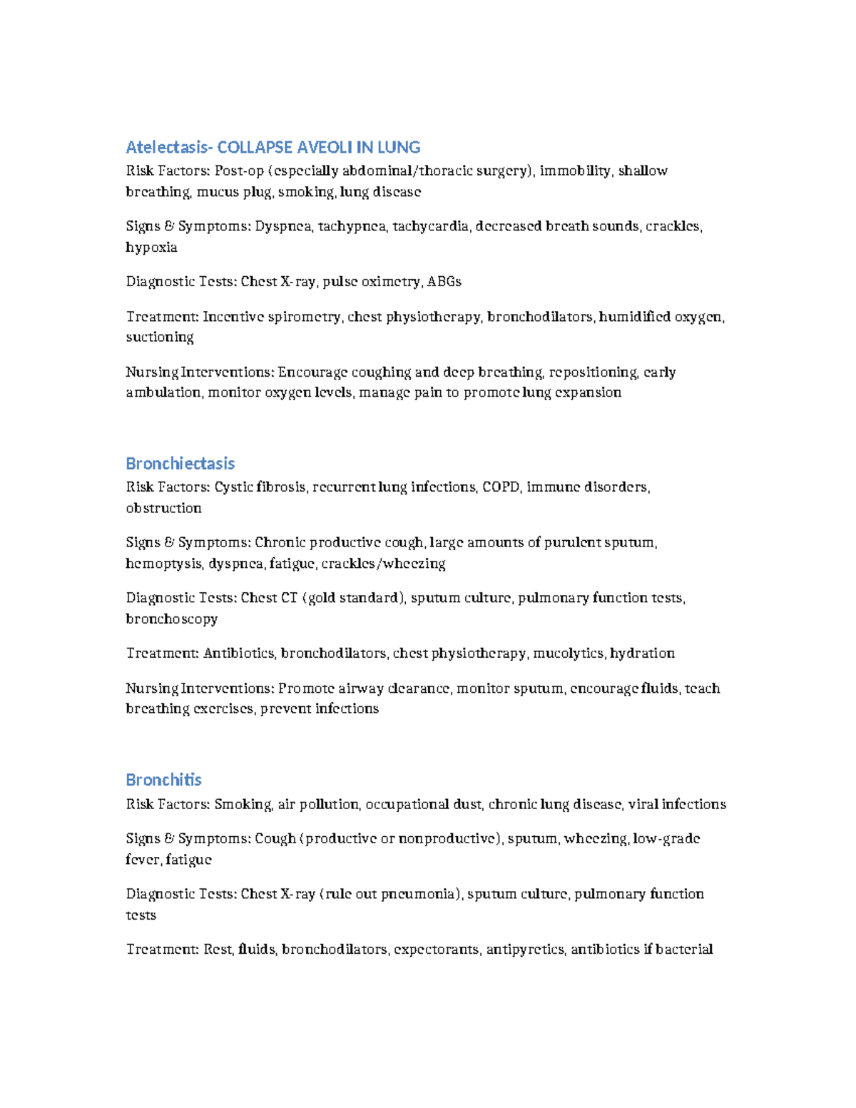COLLAPSE AVEOLI & BRONCHIECTASIS: Risk Factors & Nursing Interventions ...