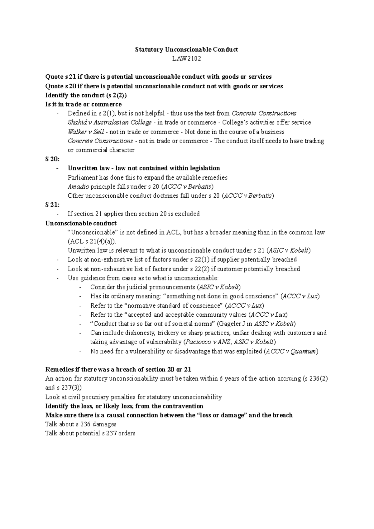 Statutory Unconscionable Conduct Outline LAW2102 - Studocu