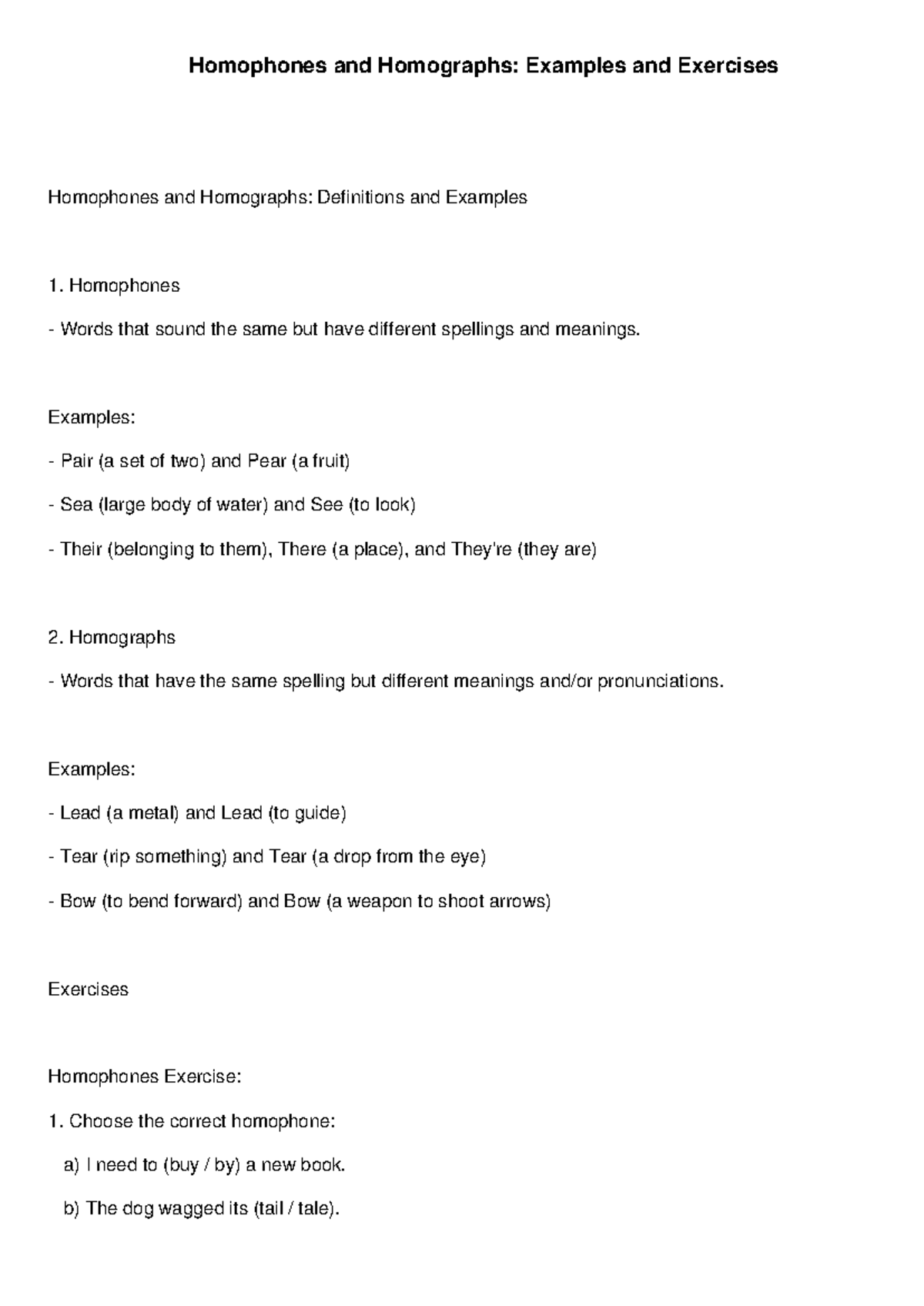 Homophones and Homographs Exercises - Homophones and Homographs ...