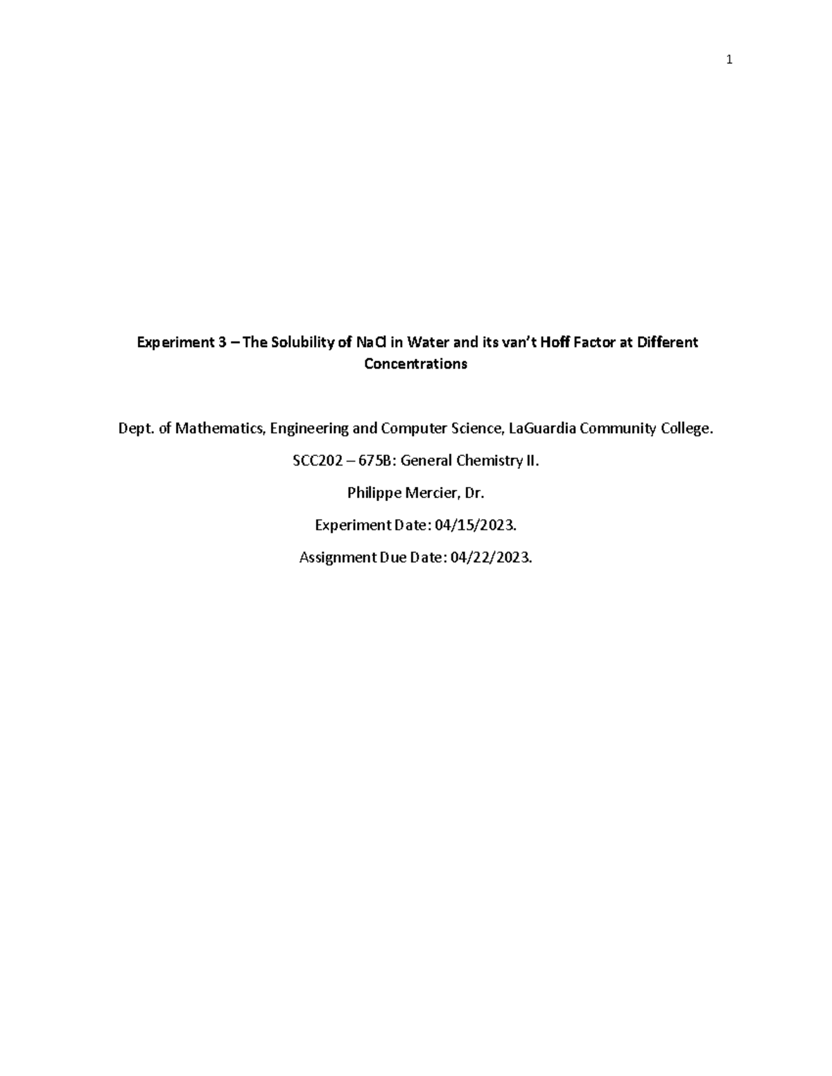 SCC 202 Experiment 3 – The Solubility of Na Cl in Water - of ...