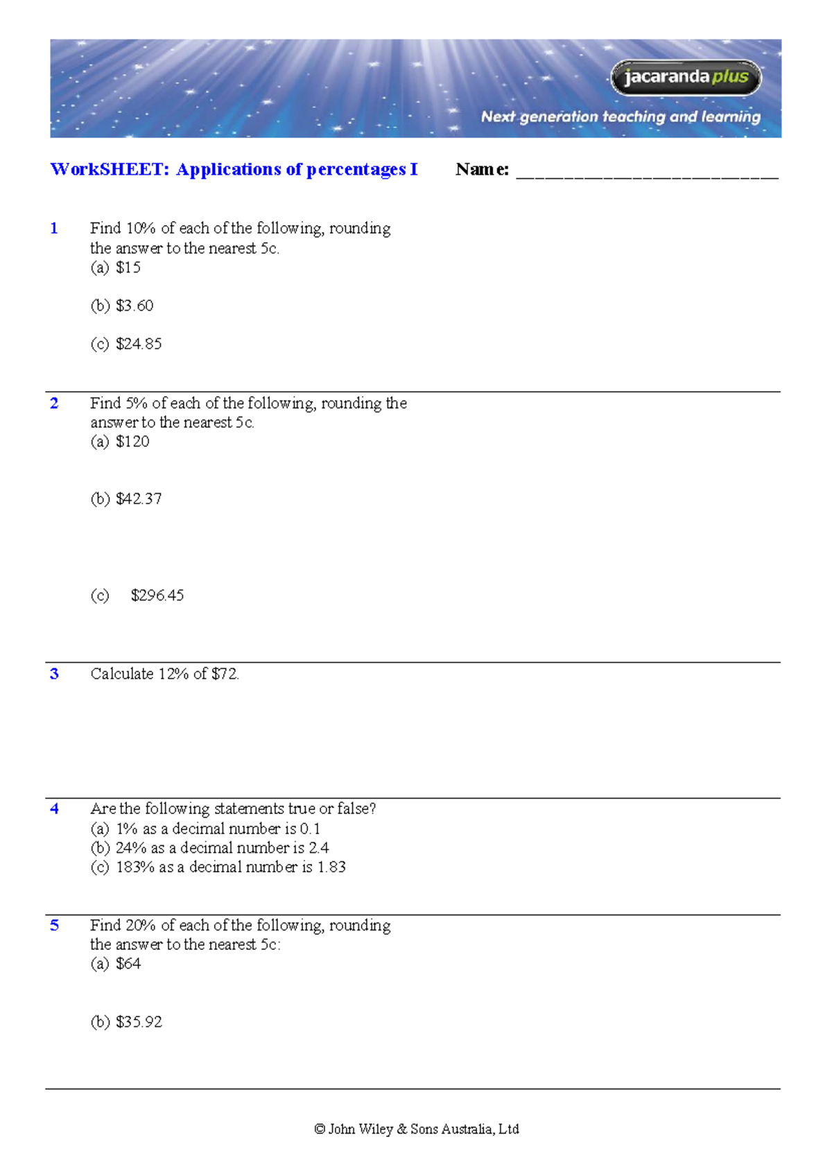WORKSHEET: Applications of Percentages I - Practice Problems - Studocu