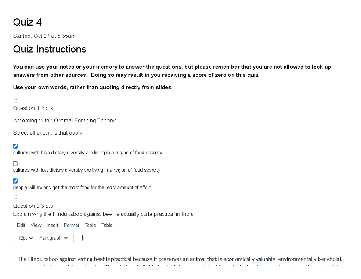 Quiz 4 - Optimal Foraging Theory and Cultural Taboos - Studocu