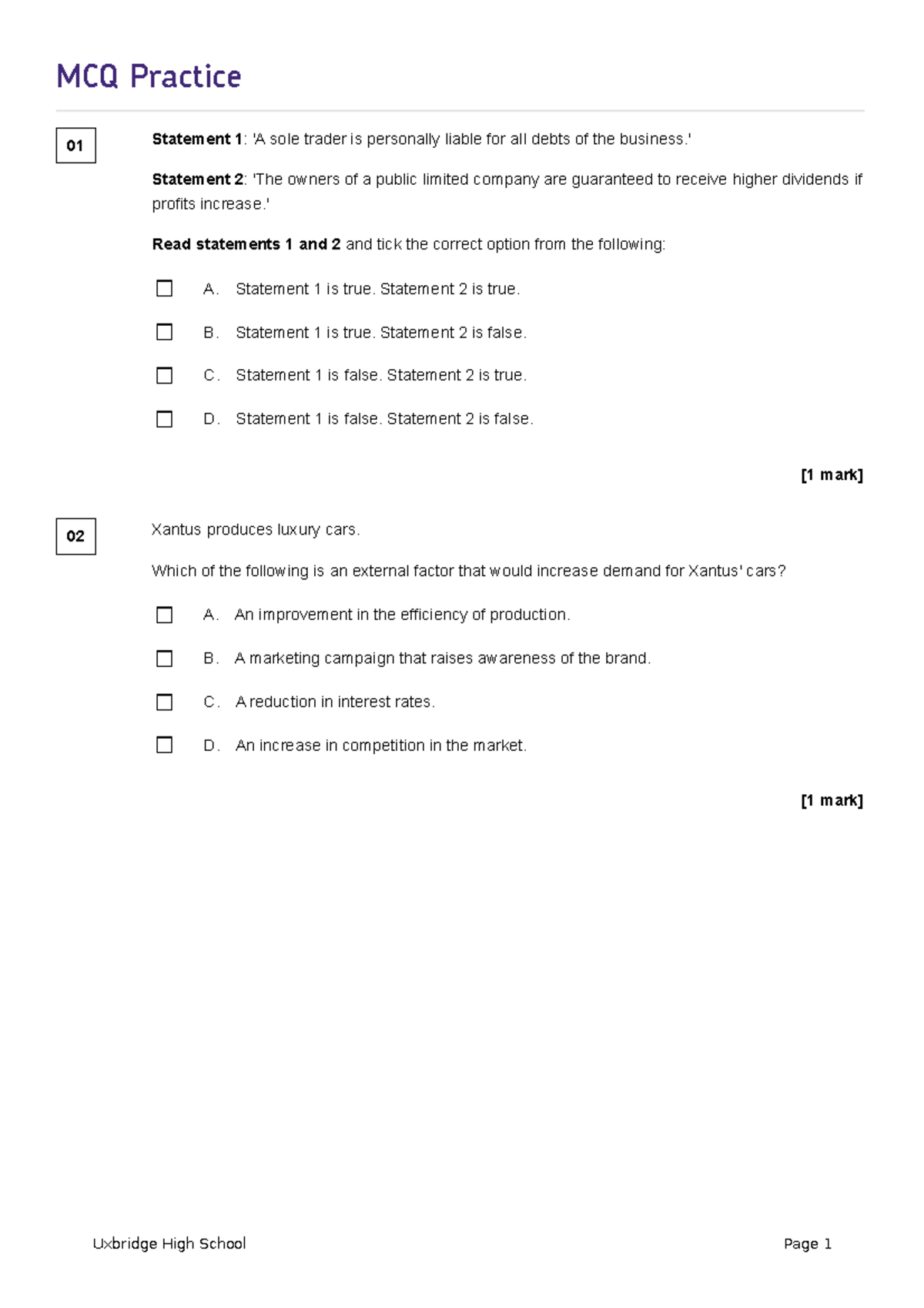 MCQ Practice 01: Business Concepts and Decision Making - Studocu
