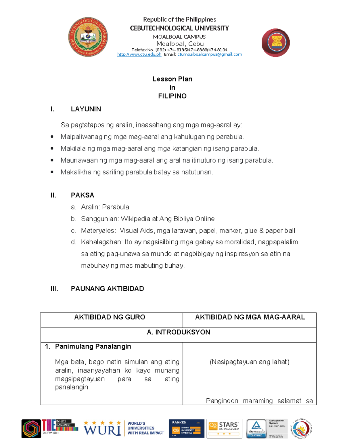 DLP- Group 4: Lesson Plan on Parabula in FILIPINO - Studocu