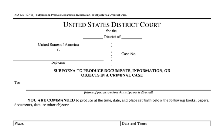 AO 89B Subpoena for Document Production in Criminal Case - Studocu