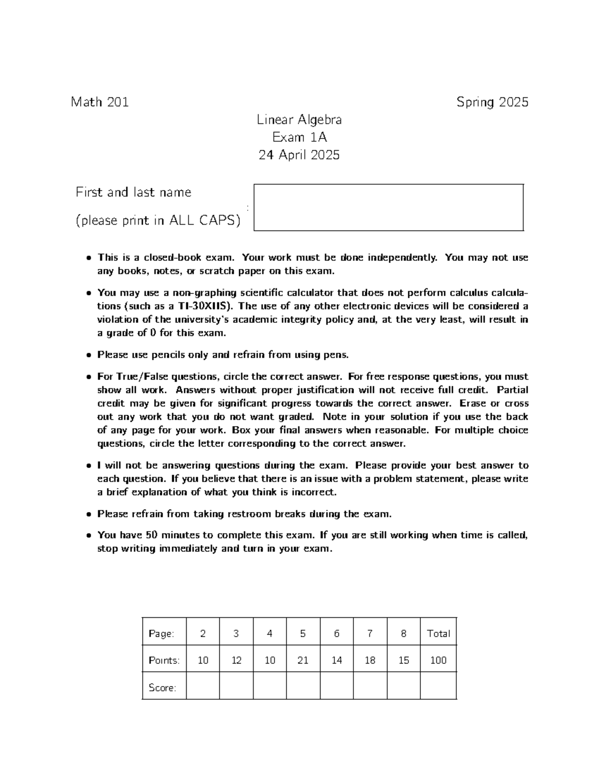 MATH 201 Spring 2025 Linear Algebra Exam 1A Guidelines and Questions ...