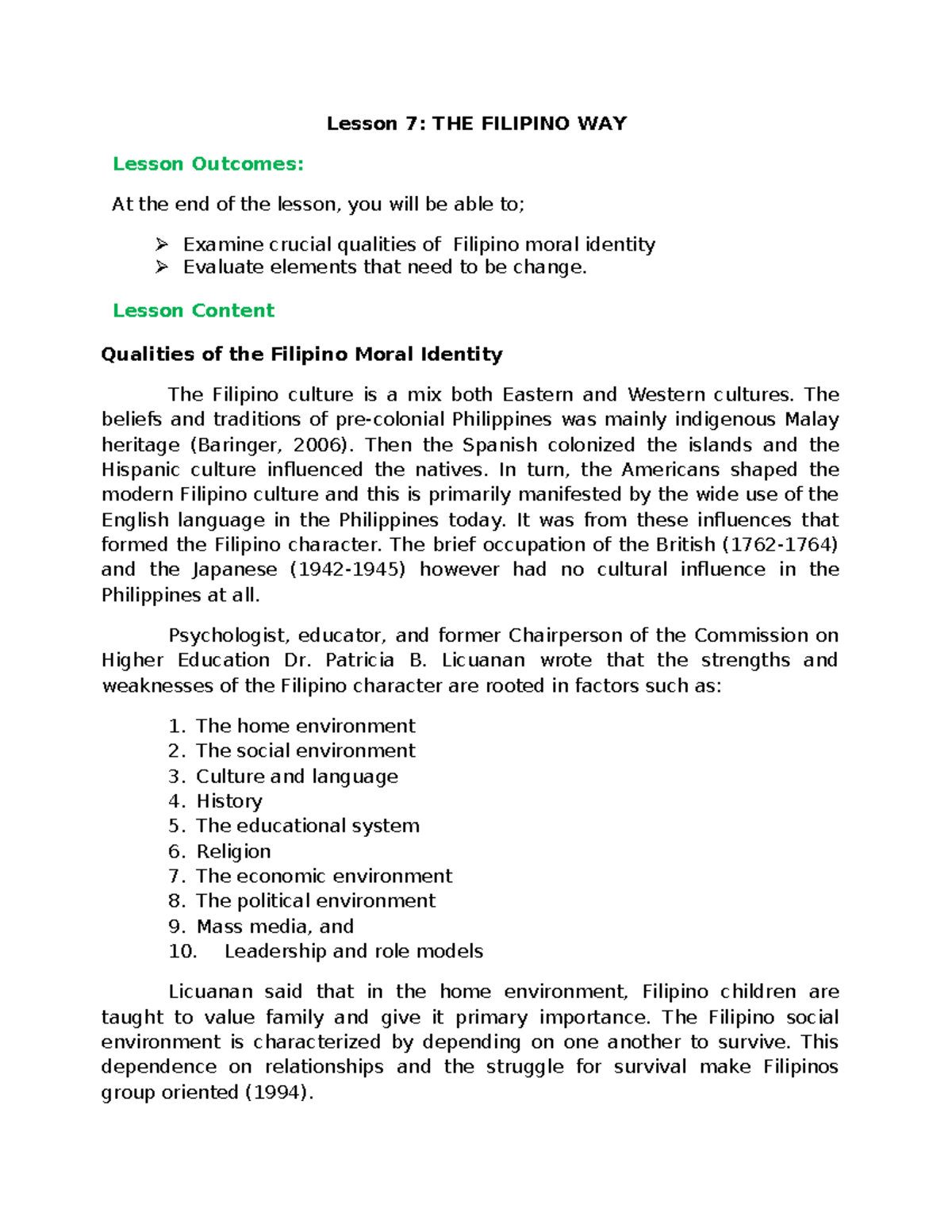 Lesson 8: Understanding the Filipino Character Traits and Weaknesses ...