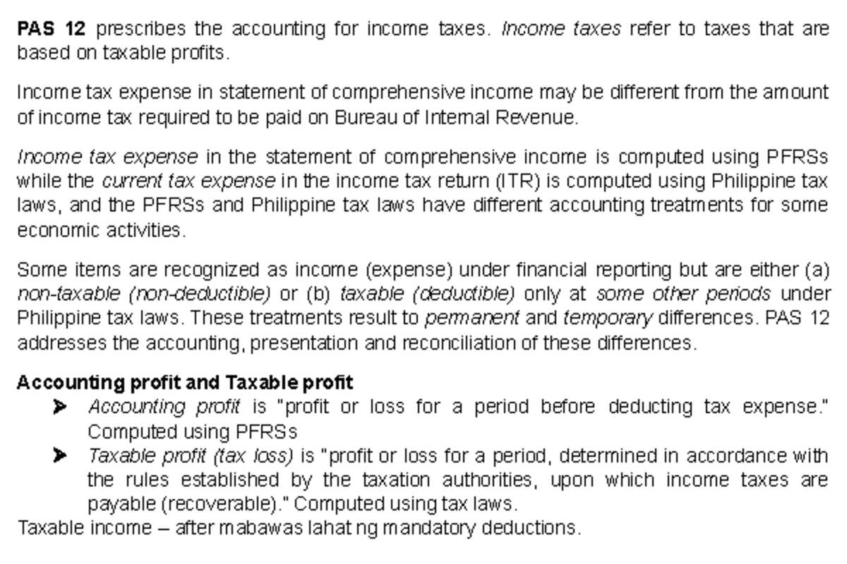 PAS 12 Income Taxes: Accounting, Presentation, and Reconciliation - Studocu