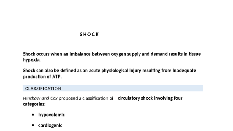 SHOCK (MED 101) - Comprehensive Study Notes on Circulatory Shock - Studocu