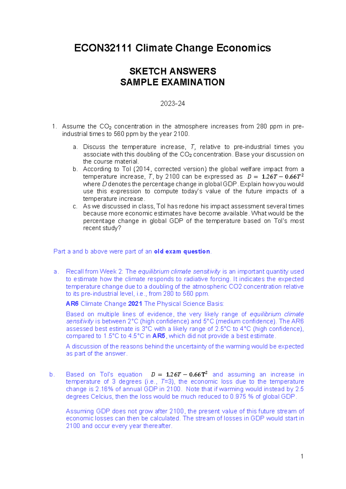 Mock Exam ECON32111 Sketch Answers on Climate Change Economics - Studocu