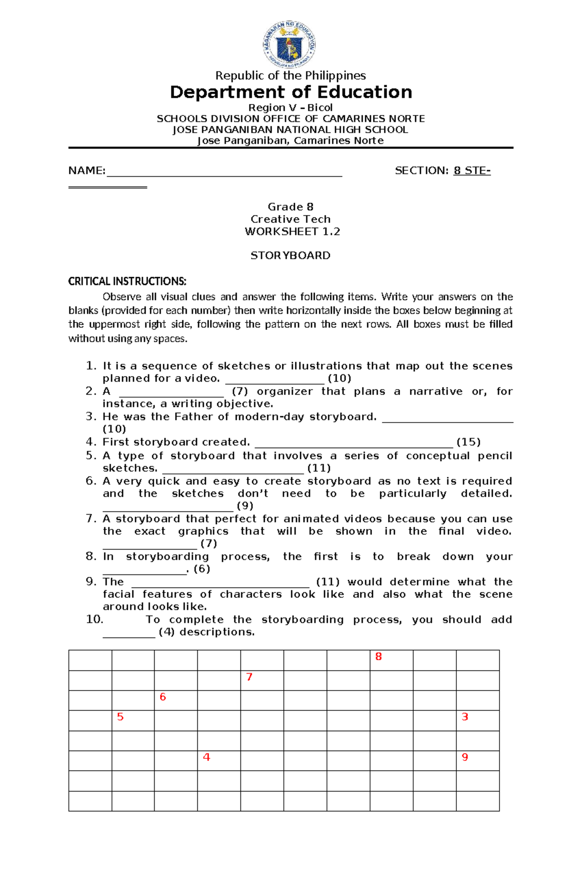 Grade 8 Creative Tech Worksheet 1.2: Storyboard Instructions - Studocu