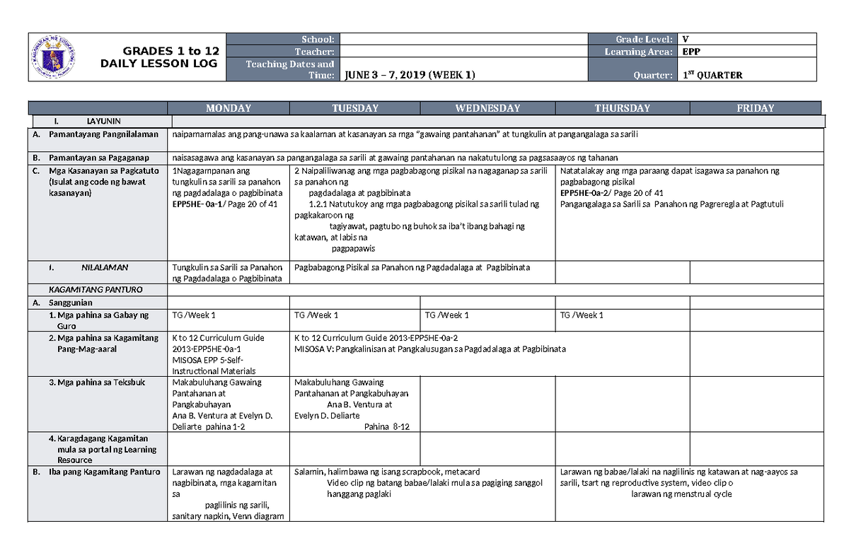 DLL EPP 5 HE Q1 W1 - Daily Lesson Plan for 1st Quarter Week 1 - Studocu