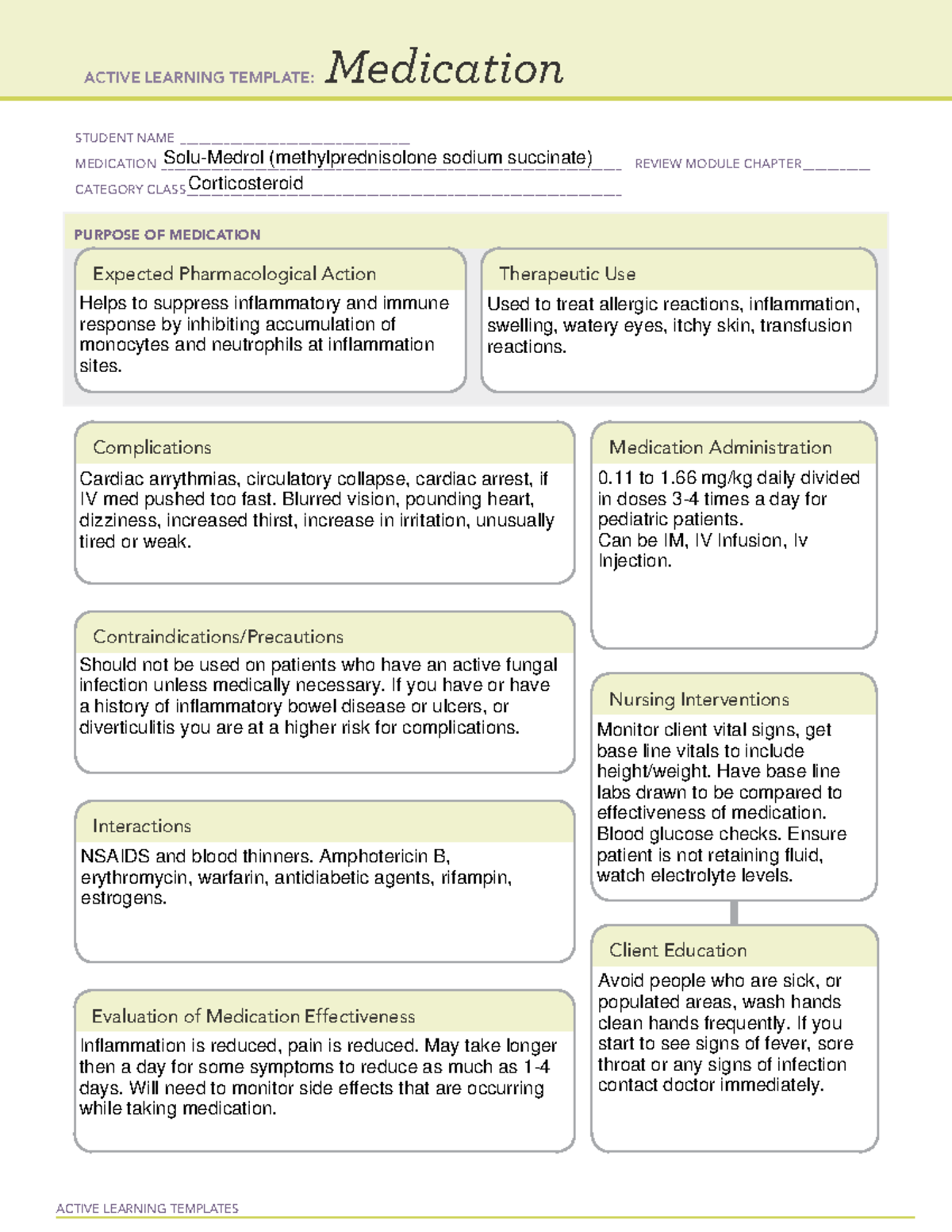 Solu Medrol Med Card - medication card for sulomedrall - ACTIVE ...