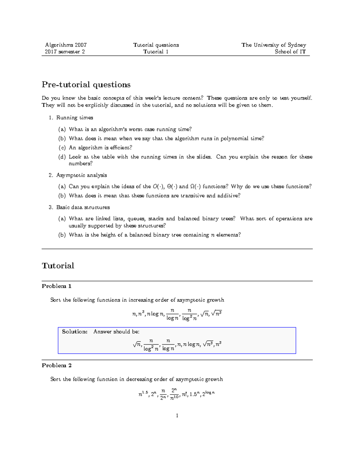 Tutorial 1 - Answers - Algorithms 2007 2017 semester 2 Tutorial ...