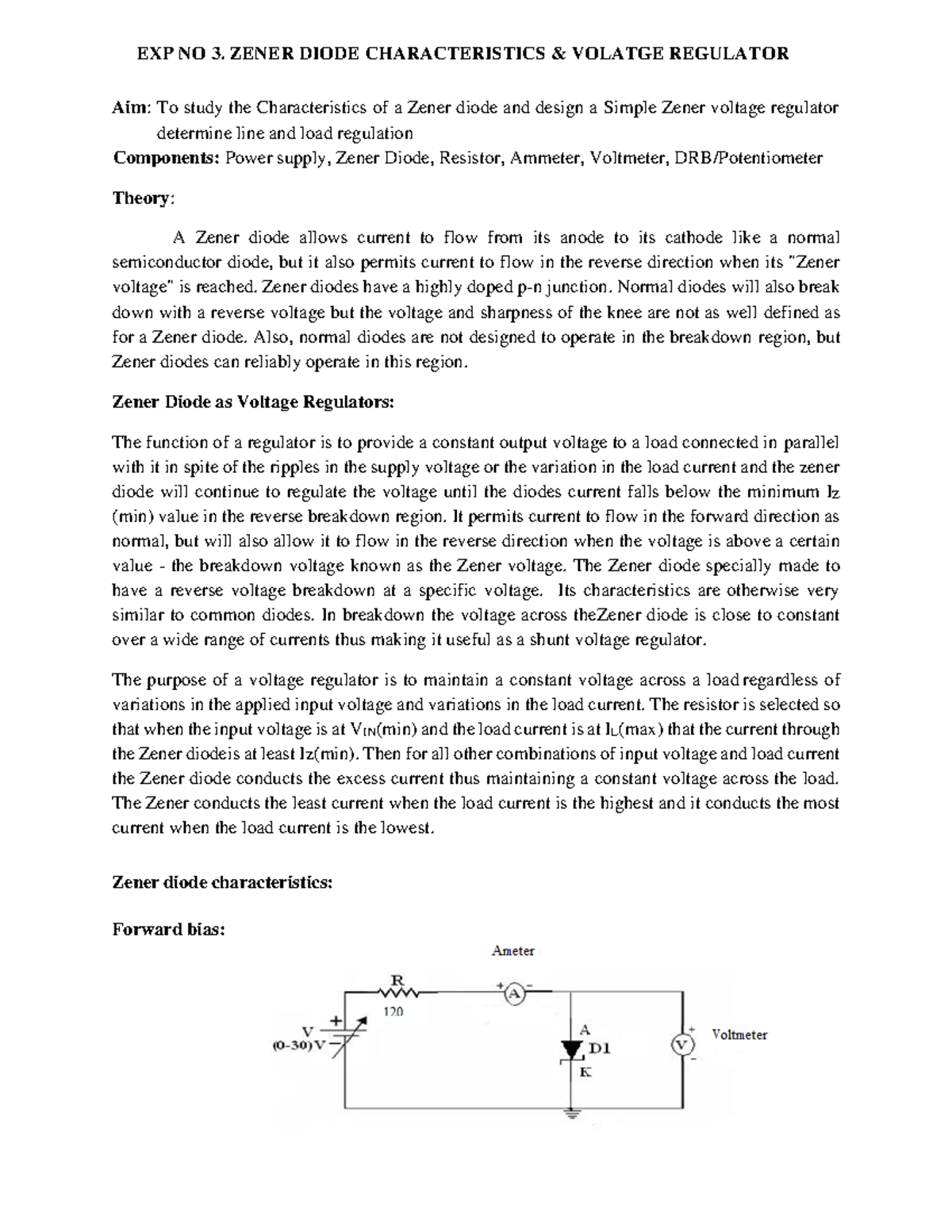 Experiment No 3: Zener Diode Characteristics & Voltage Regulator ...