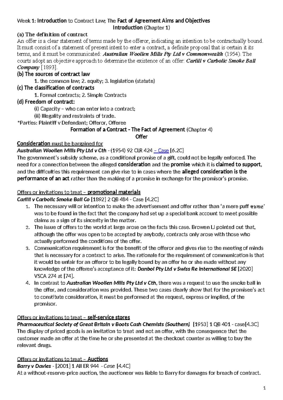 W1 Notes: Intro to Contract Law & Formation Principles - Studocu