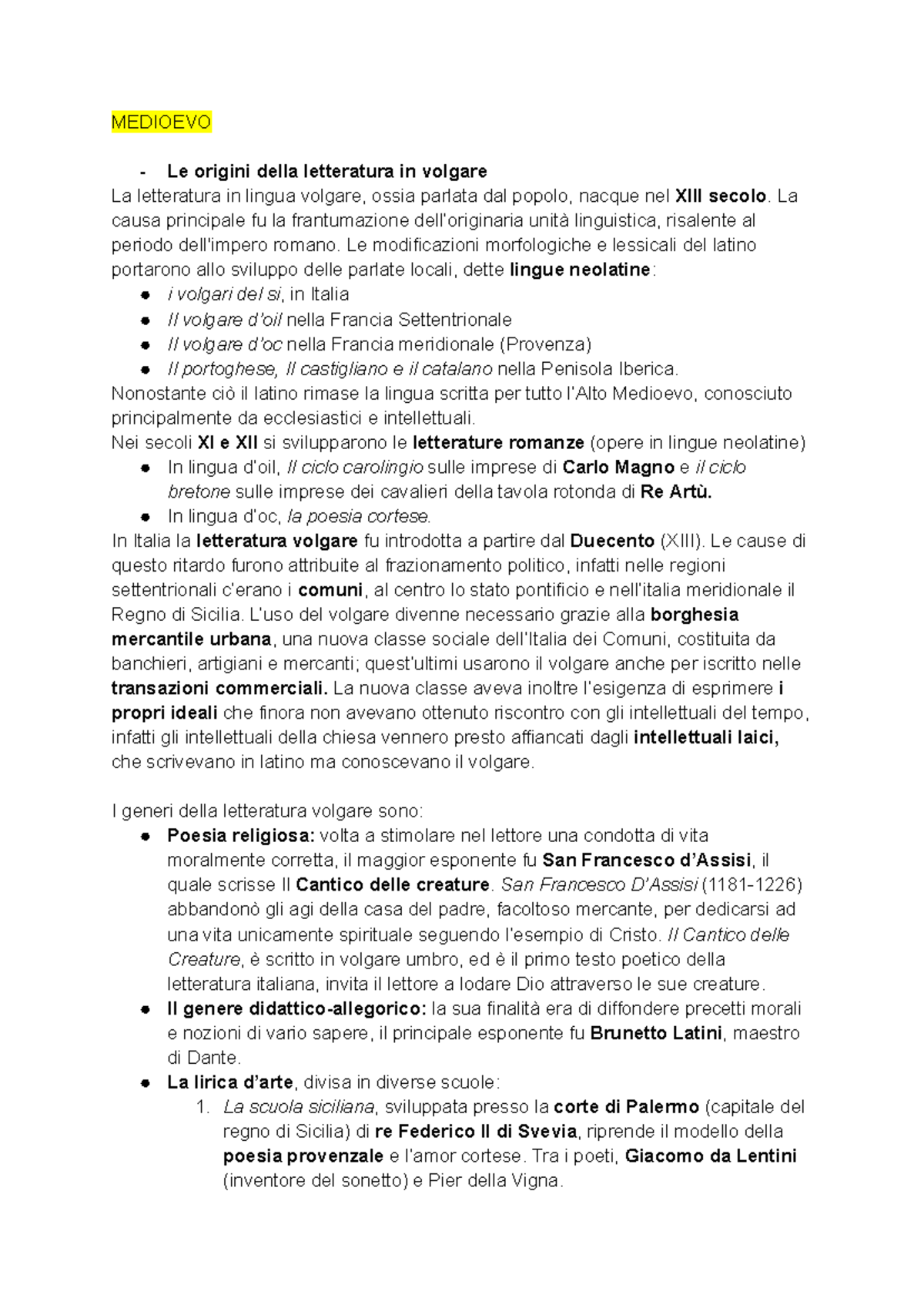 Riassunti di Italiano TOLC PSI: Dal Medioevo a Pascoli - Studocu