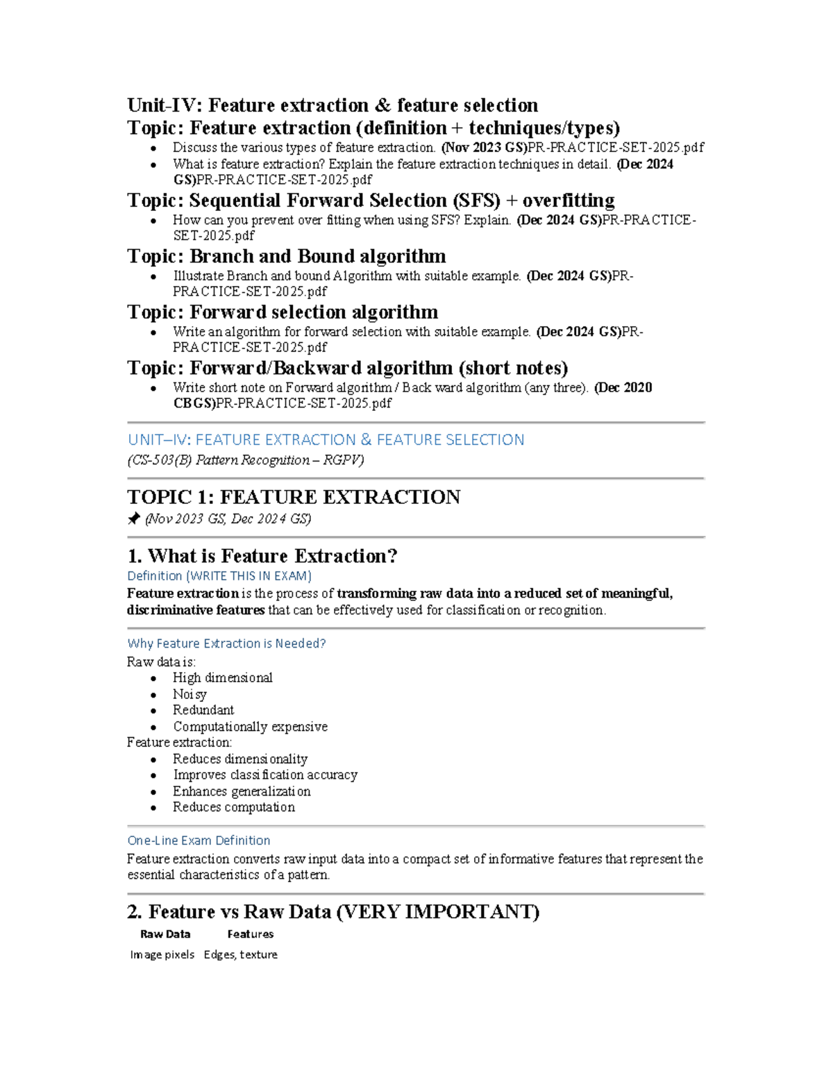 Feature Extraction & Selection Techniques (RGPV) - Exam Notes - Studocu