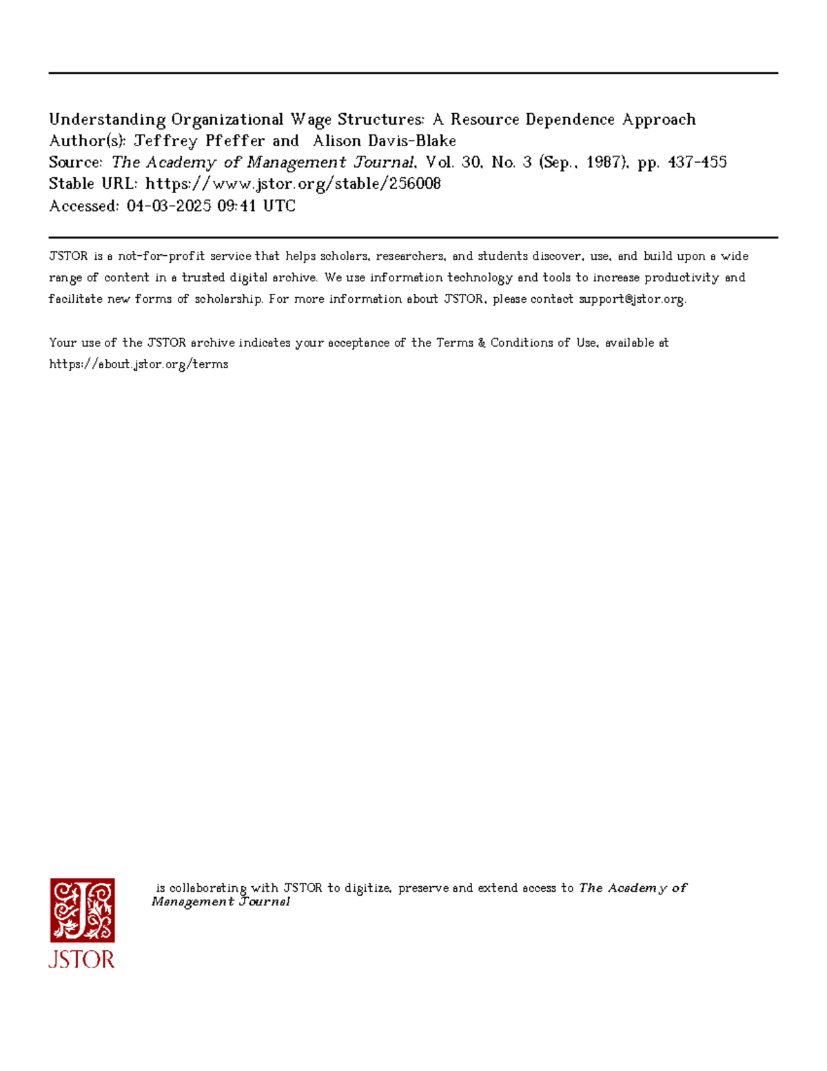 Pfeffer & Davis-Blake - Wage Structures in Org. Contexts: 1987 Analysis ...