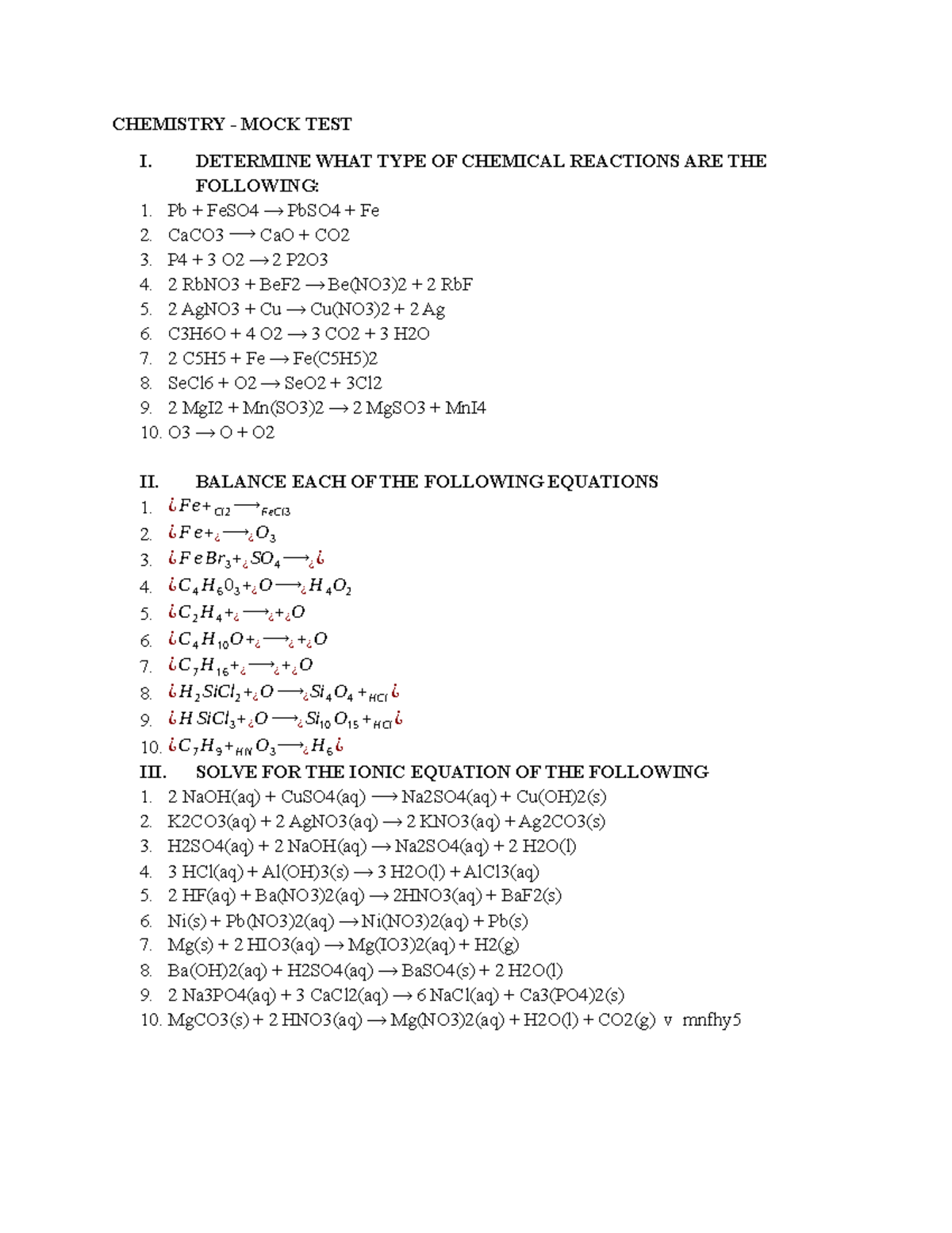 CHEMISTRY - MOCK TEST: Chemical Reactions & Balancing Equations - Studocu