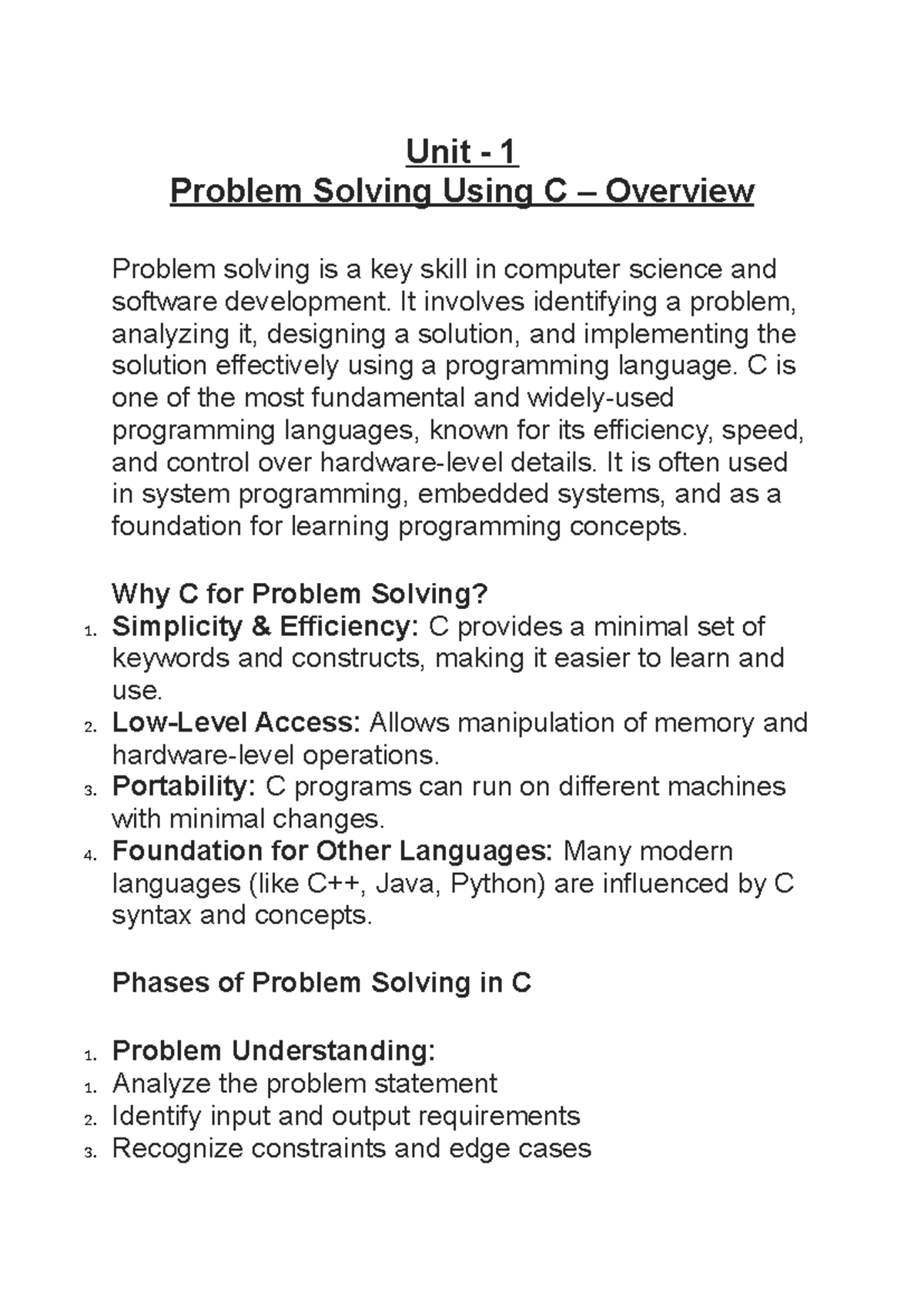 Unit 1: Problem Solving Using C - Overview and Key Concepts - Studocu