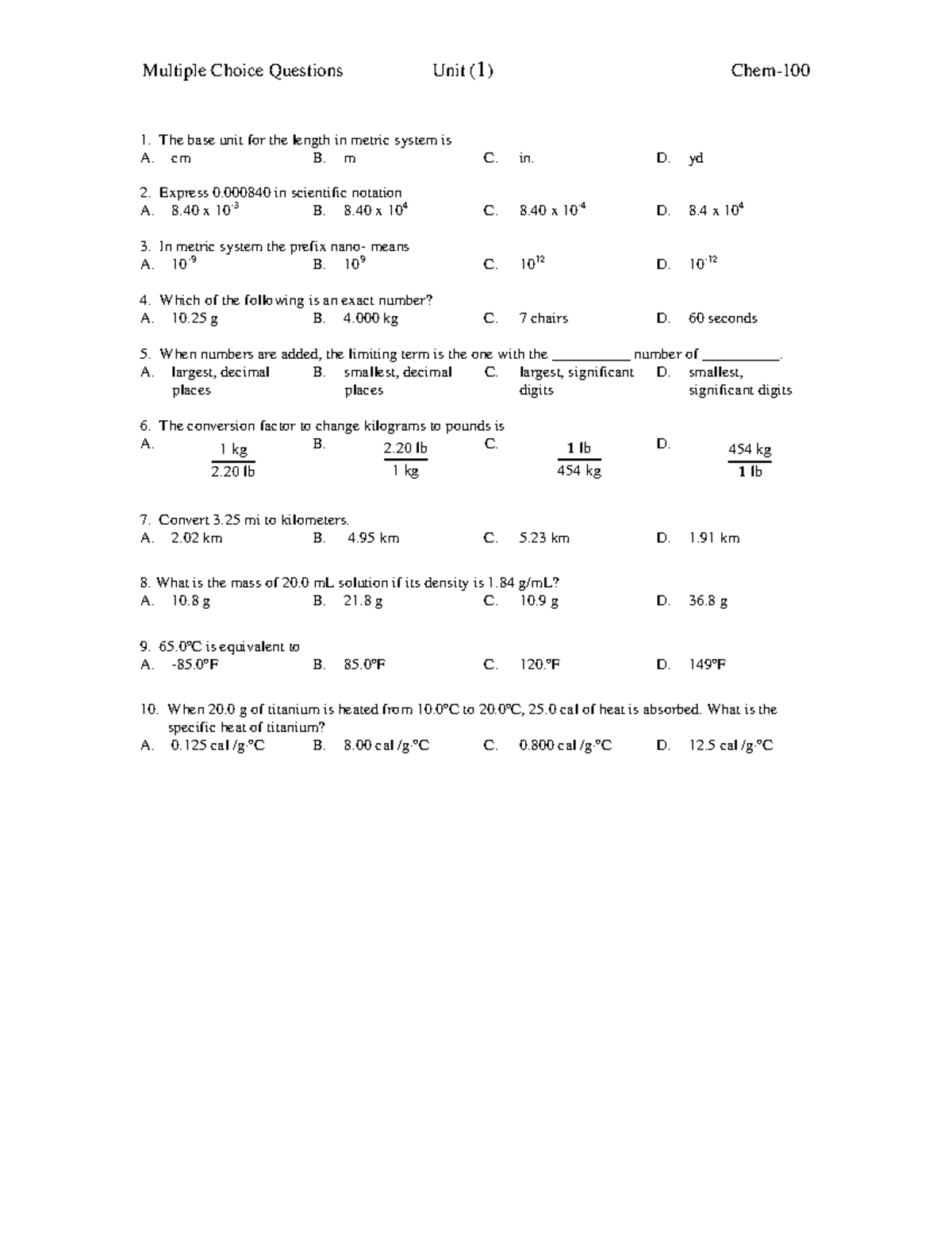 Chem 101: Molar Calculations - Multiple Choice Questions Unit 1 - Studocu