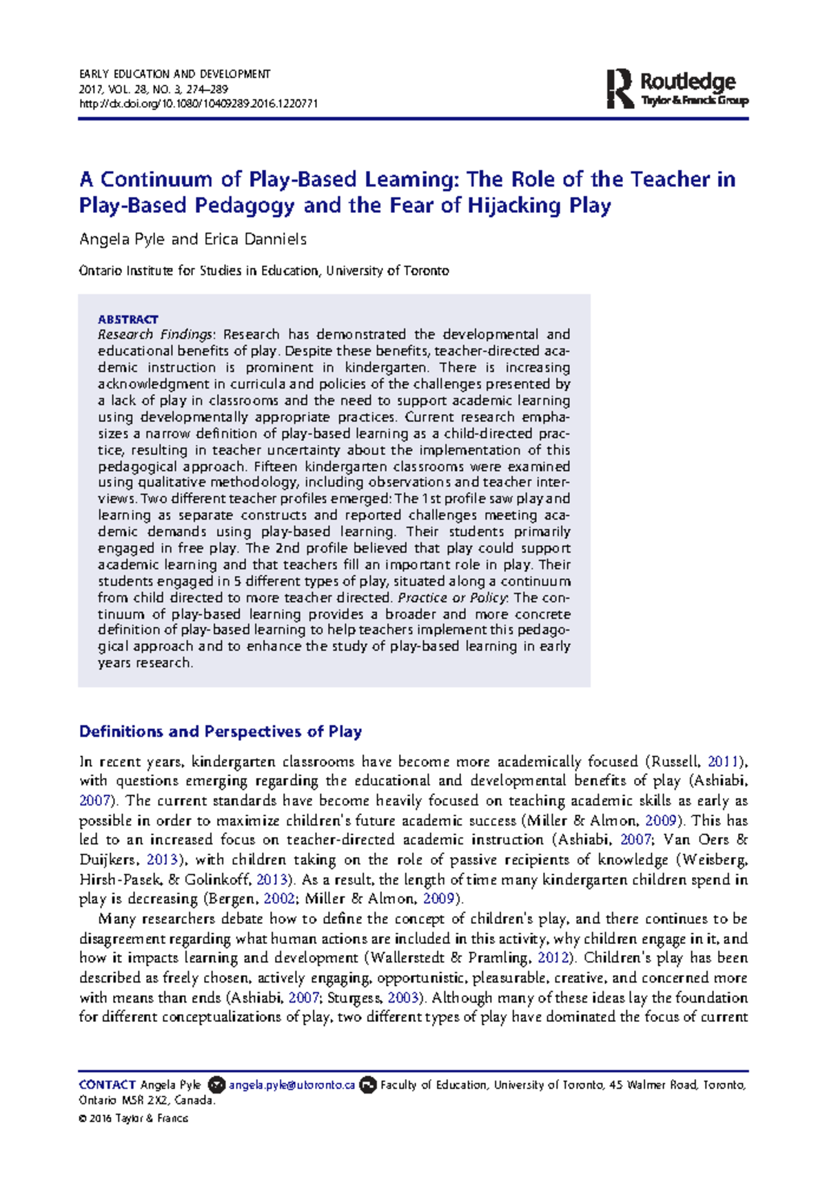 Article 7 - Teacher's Role in a Continuum of Play-Based Learning - Studocu