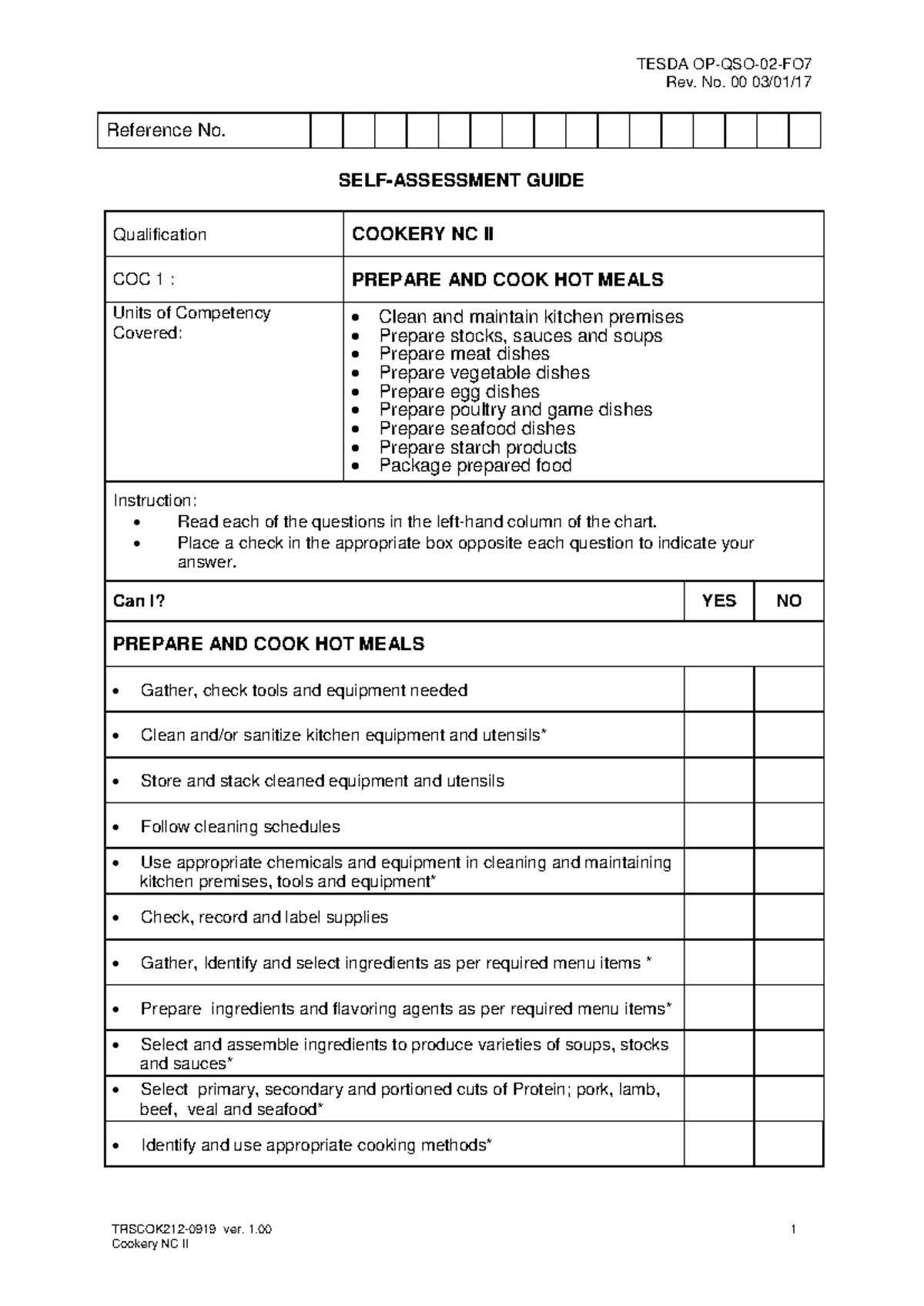 SAG - Cookery NC II - Self Assessment Guide - Rev. No. 00 03/01/ TRSCOK212-0919 ver. 1 1 ...