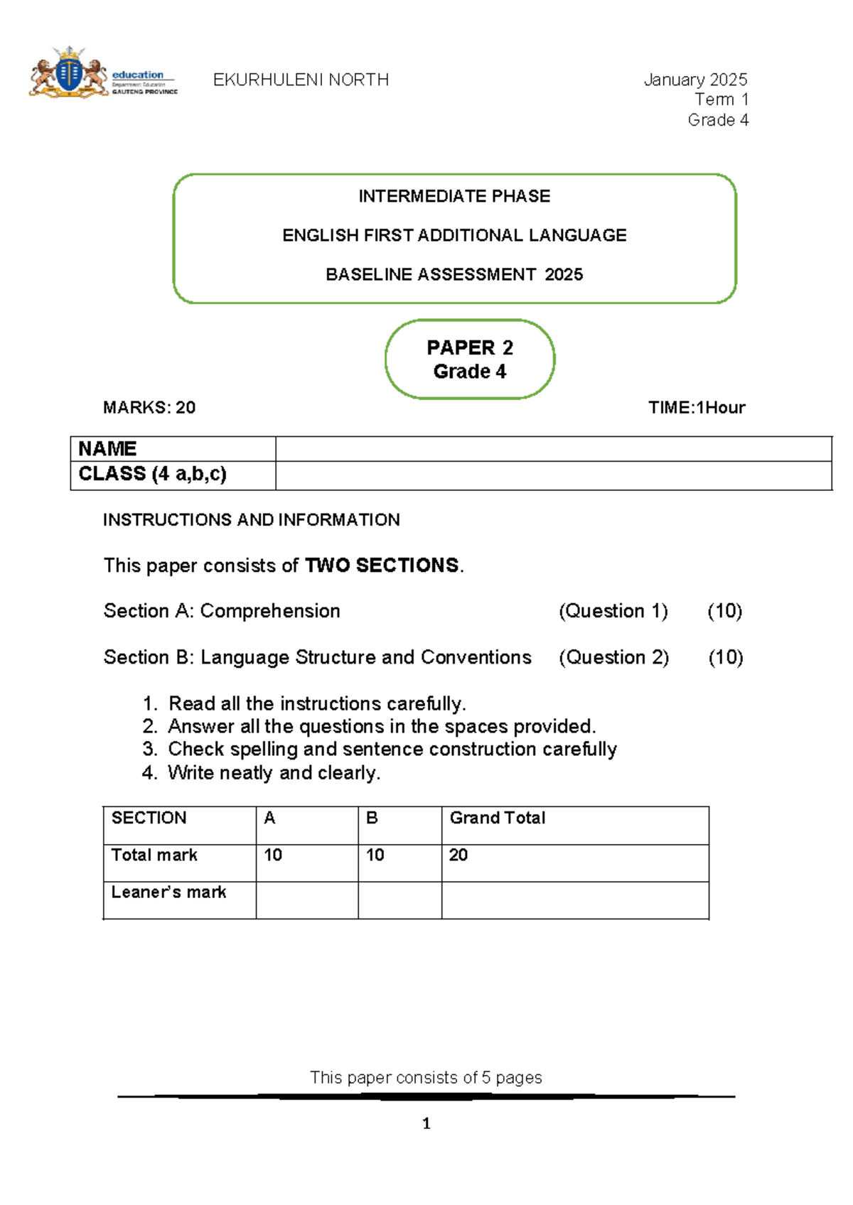 IP- English FAL Grade 4 Baseline Assessment Term 1 2025 - Studocu