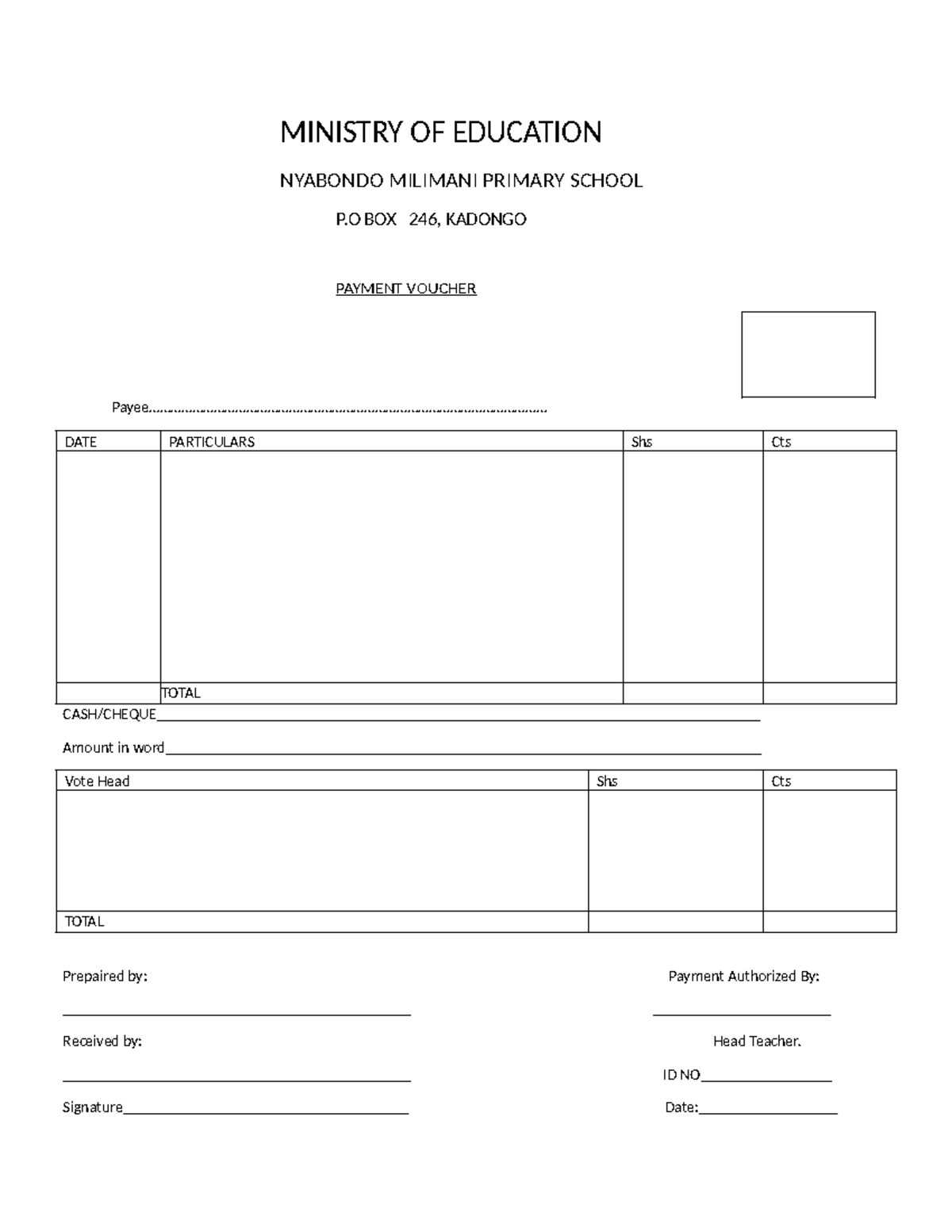 Ministry OF Education Payment Voucher - MINISTRY OF EDUCATION NYABONDO ...