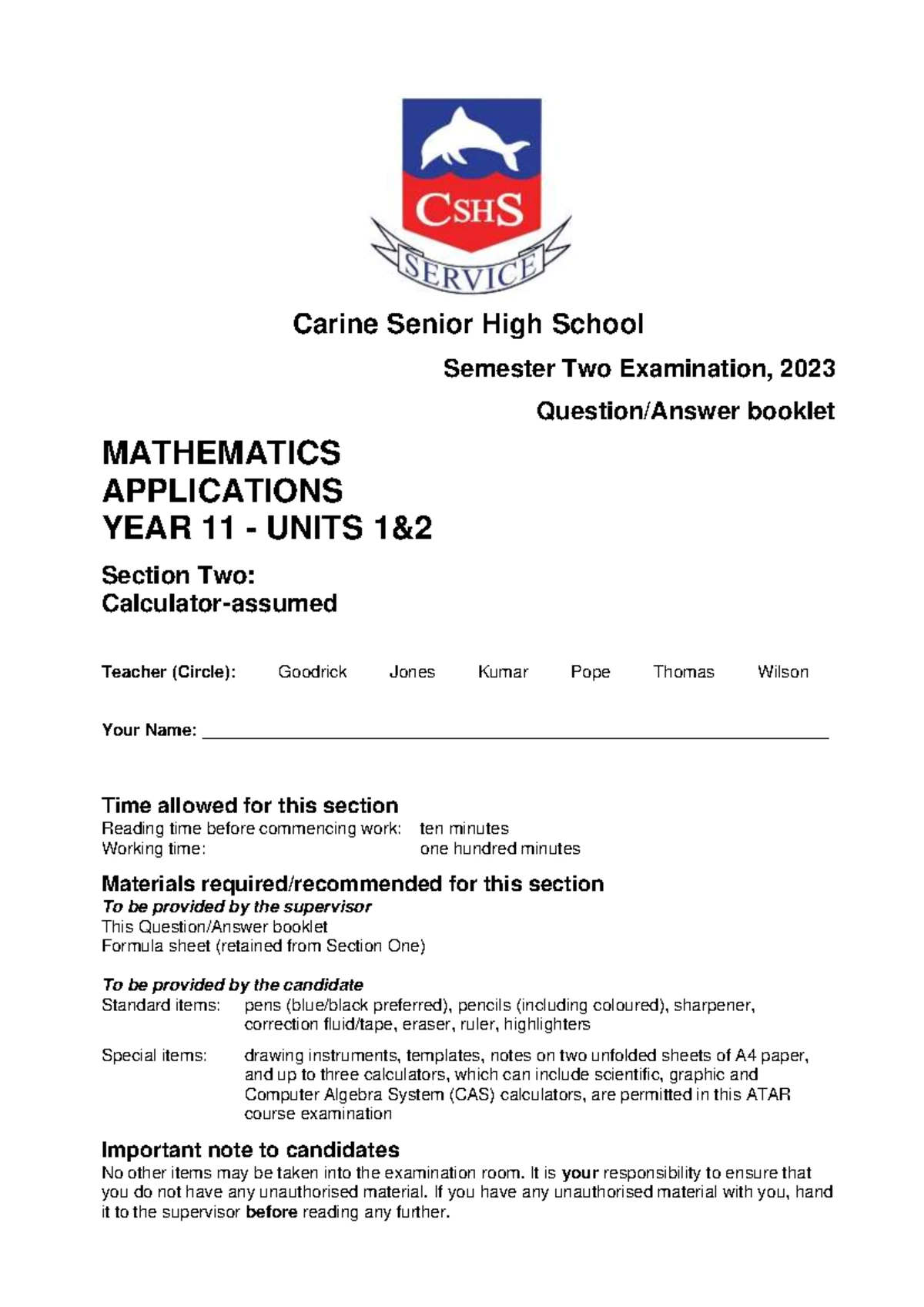 Mathematics Applications Year 11 Units 1 & 2 Formula Sheet 2024 - Studocu