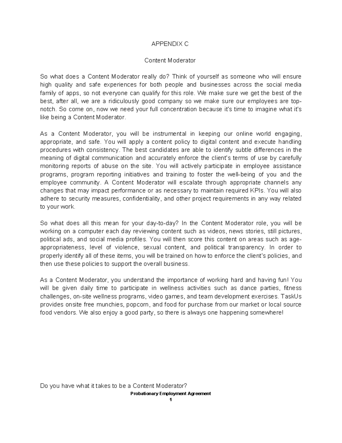 Appendix C - Probationary Employment Agreement 1 APPENDIX C Content ...