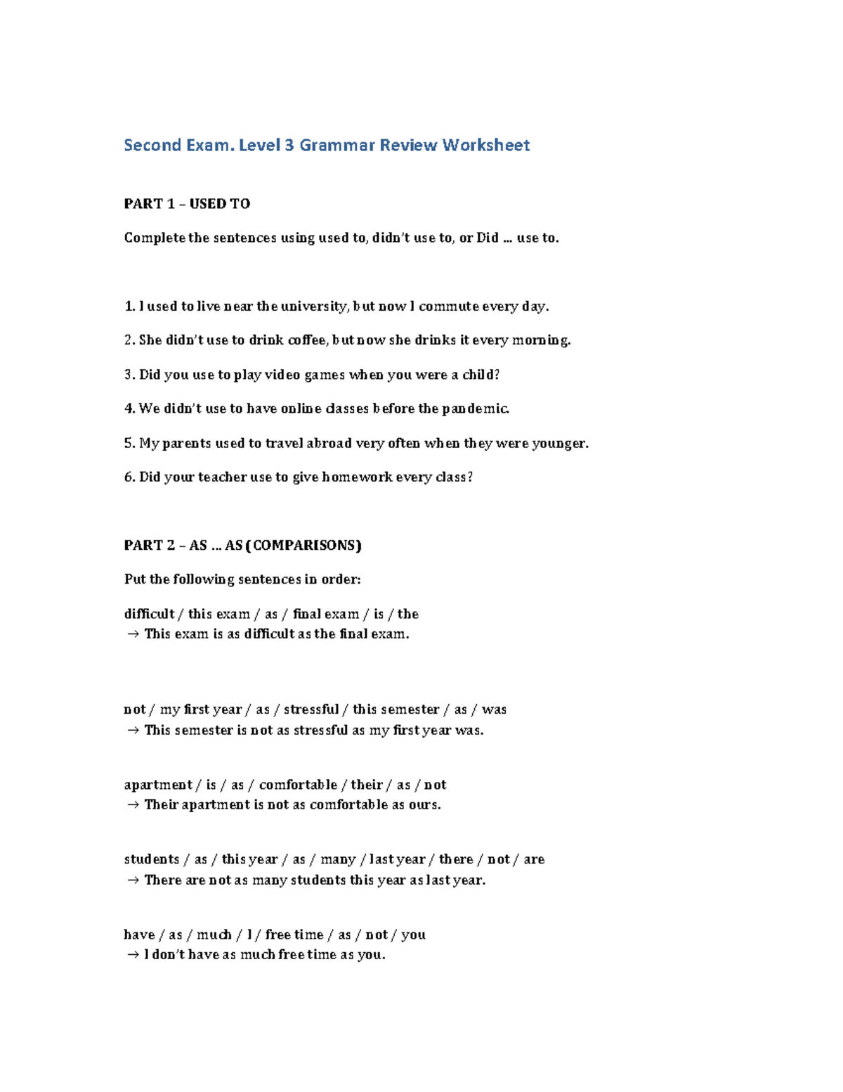 Level 3 Grammar Review: Second Exam Worksheet - Studocu