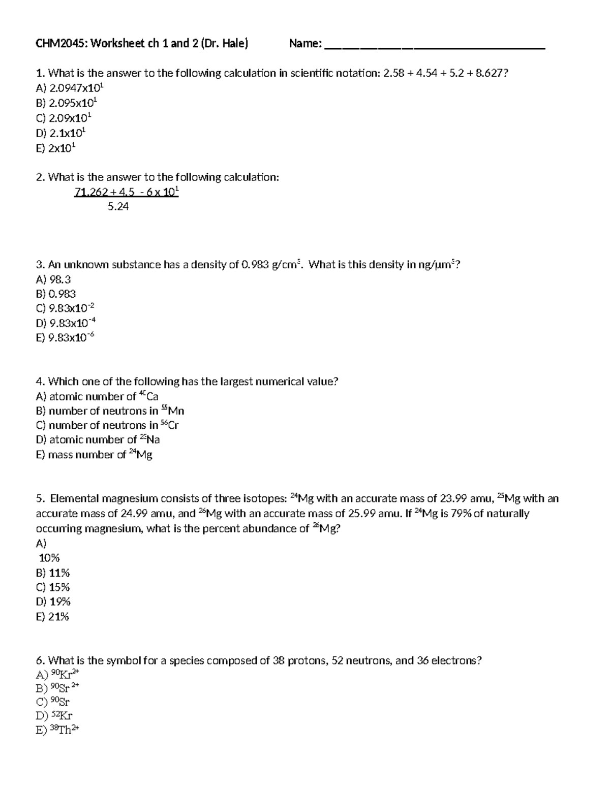 CHM2045: Worksheet for Chapters 1 & 2 in Chemistry - Studocu