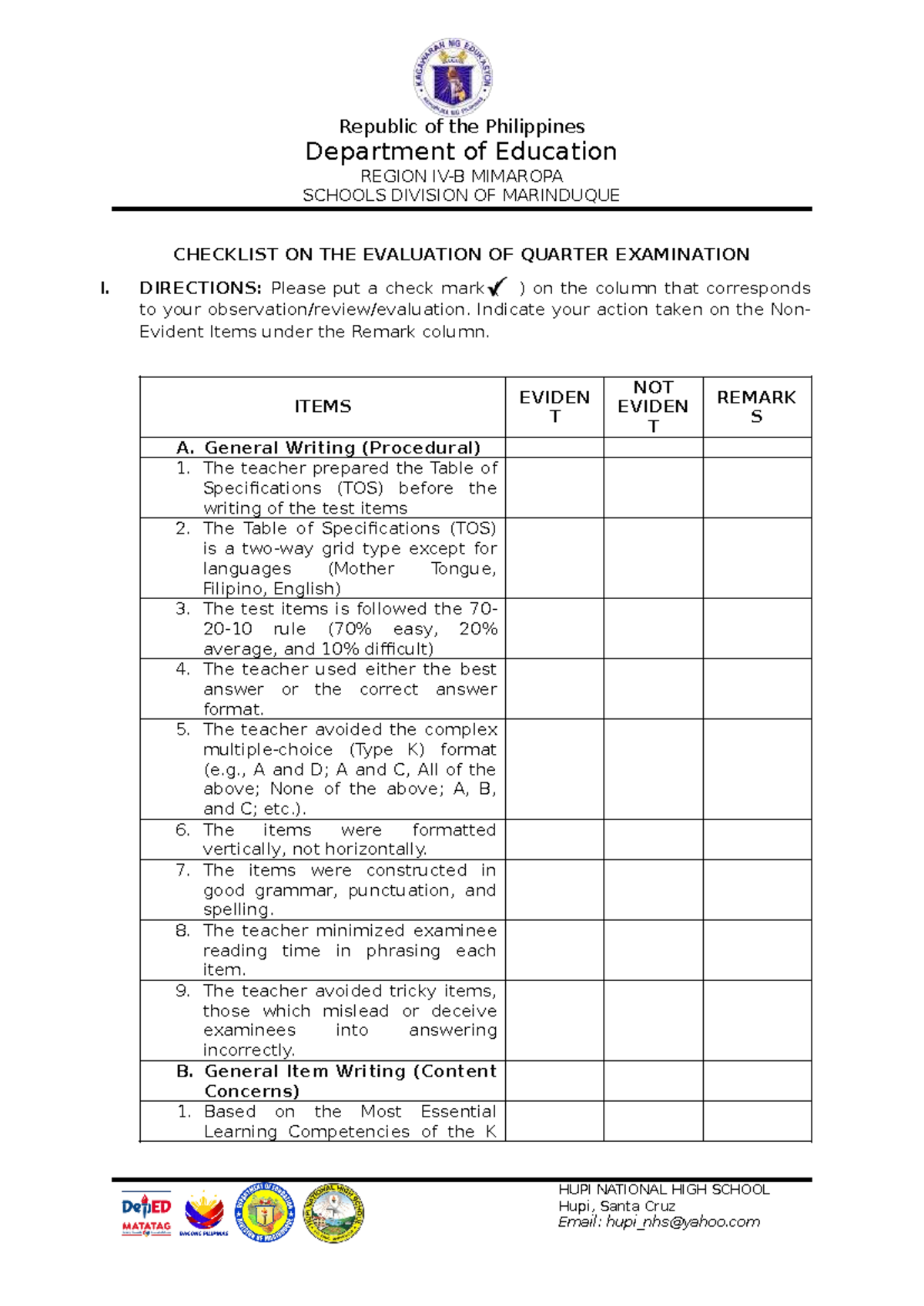 Checklist for Evaluating Quarter Exams (DepEd Region IV-B) - Studocu