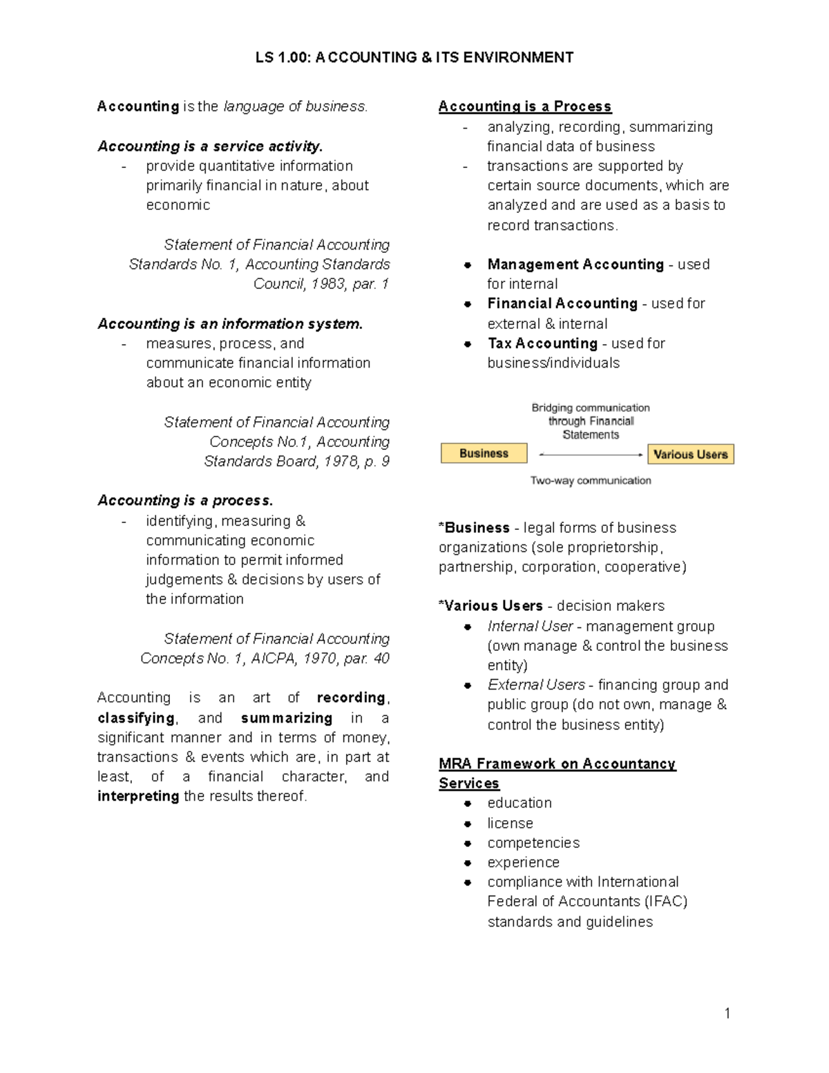 LS 1.00: Basic Accounting Notes on Its Environment and Principles - Studocu