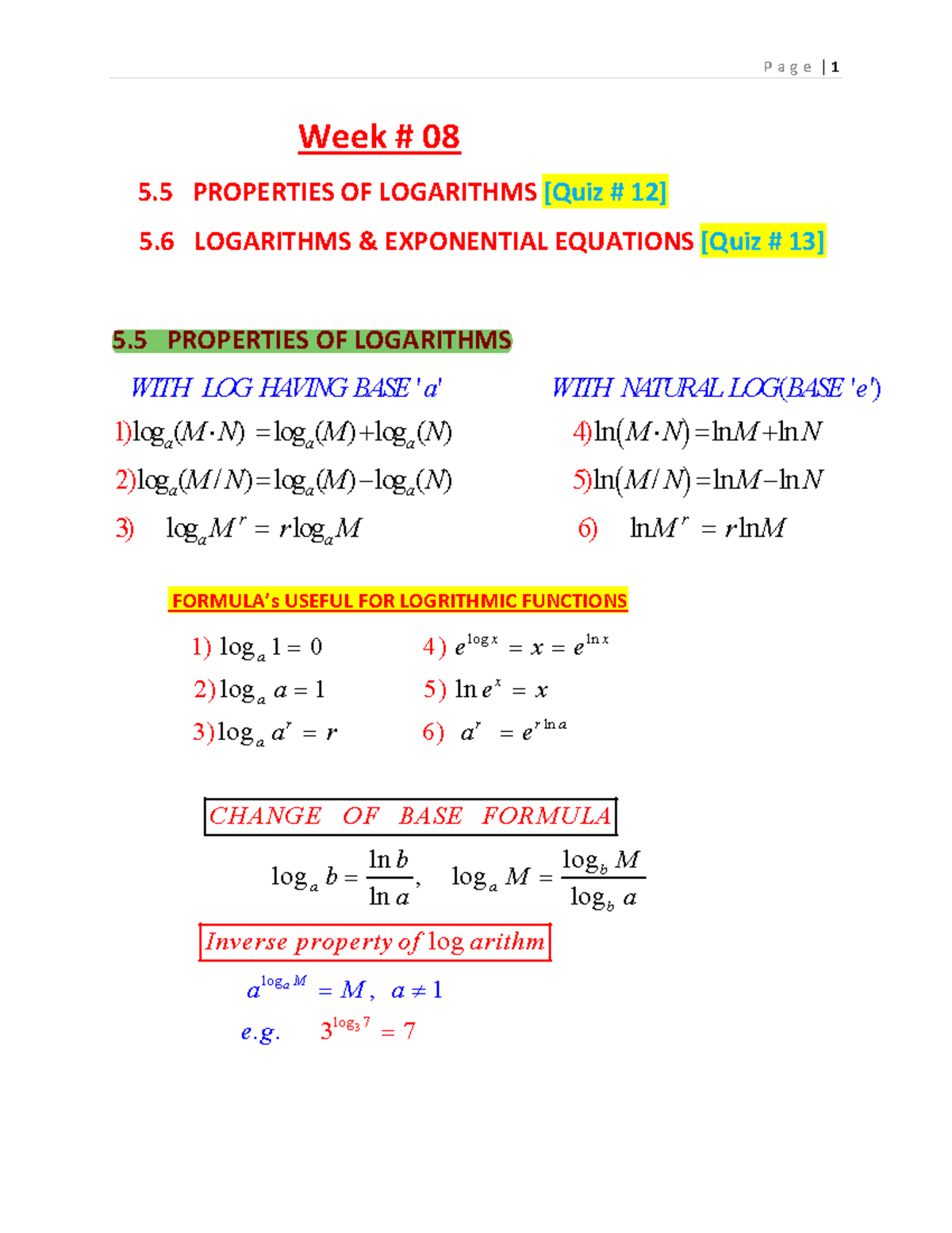 WEEK 8 - PROPERTIES OF LOGARITHMS & LOGARITHMS & EXPONENTIAL EQUATIONS ...