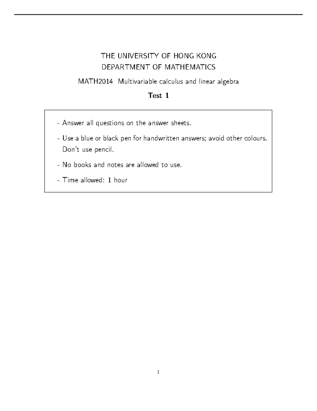 MATH2014 Multivariable Calculus Test 1 - Past Paper Review - Studocu