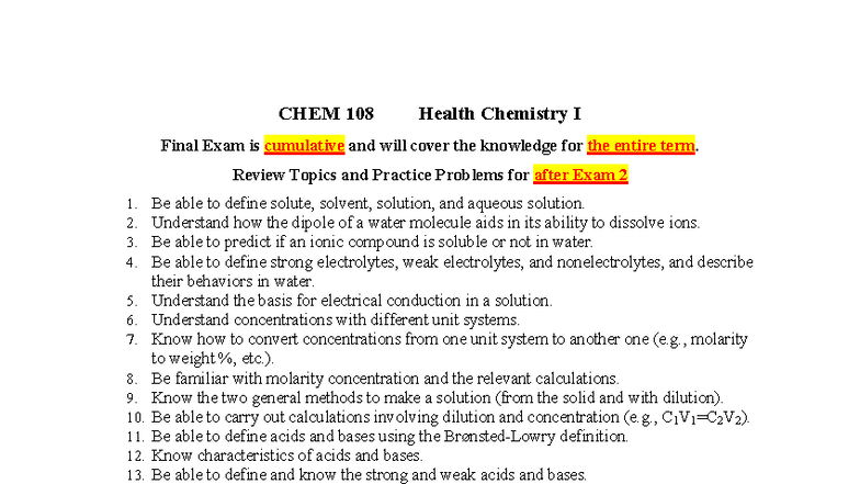 CHEM 108 Health Chemistry I Final Exam Review & Practice Problems - Studocu