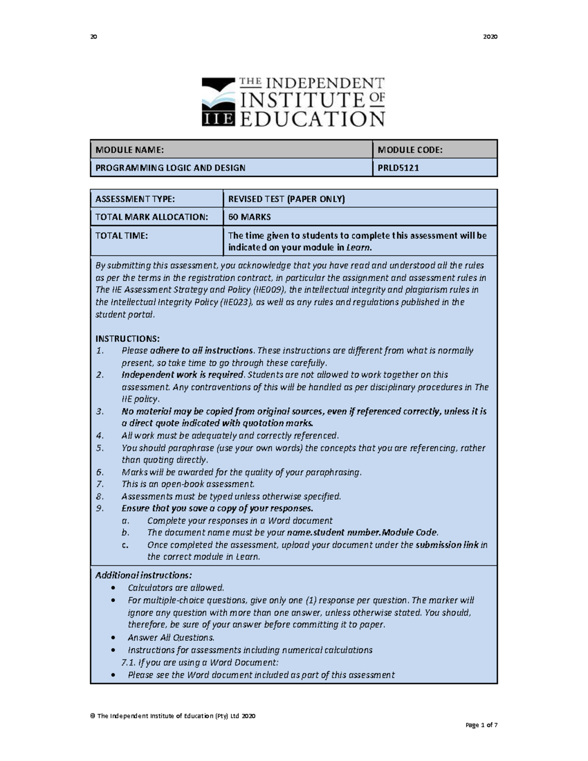 PRLD5121 T1a C19 - Revised Test Question Paper for Programming Logic ...