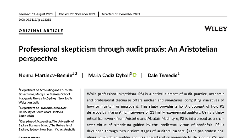 Professional Skepticism in Auditing: An Aristotelian Approach (ACCT 202 ...