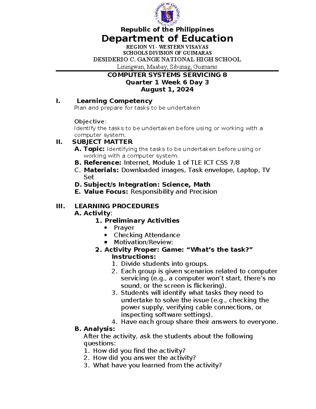 Grade 8 - July 1 - Day 1 LP - Lesson Plan Day 1 - Department of ...