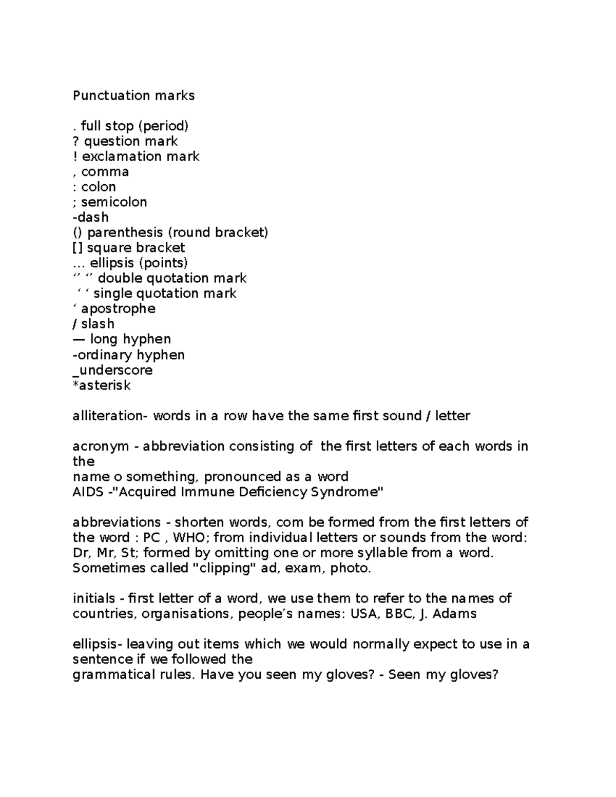 Terms - Punctuation marks . full stop (period) ? question mark ...