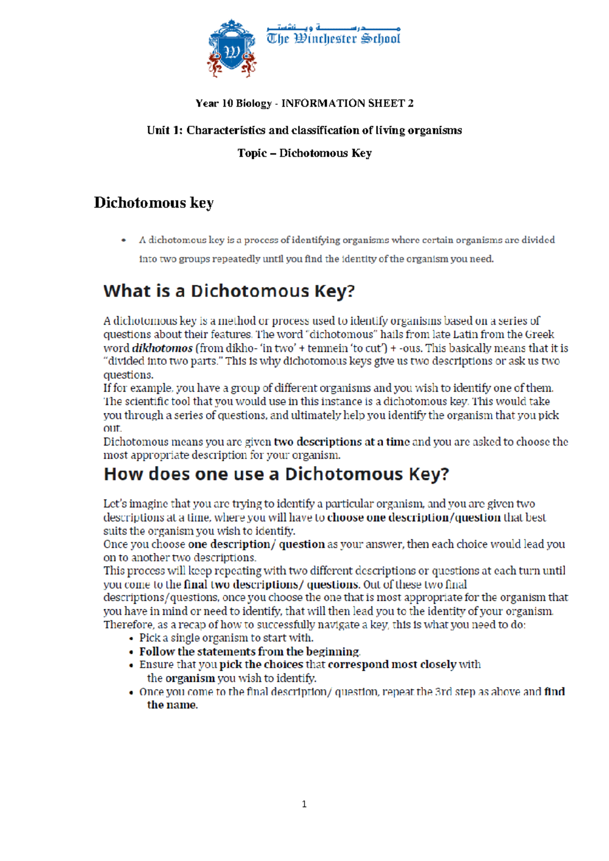 Biology - Dichotomous key - 1 Year 10 Biology - INFORMATION SHEET 2 ...