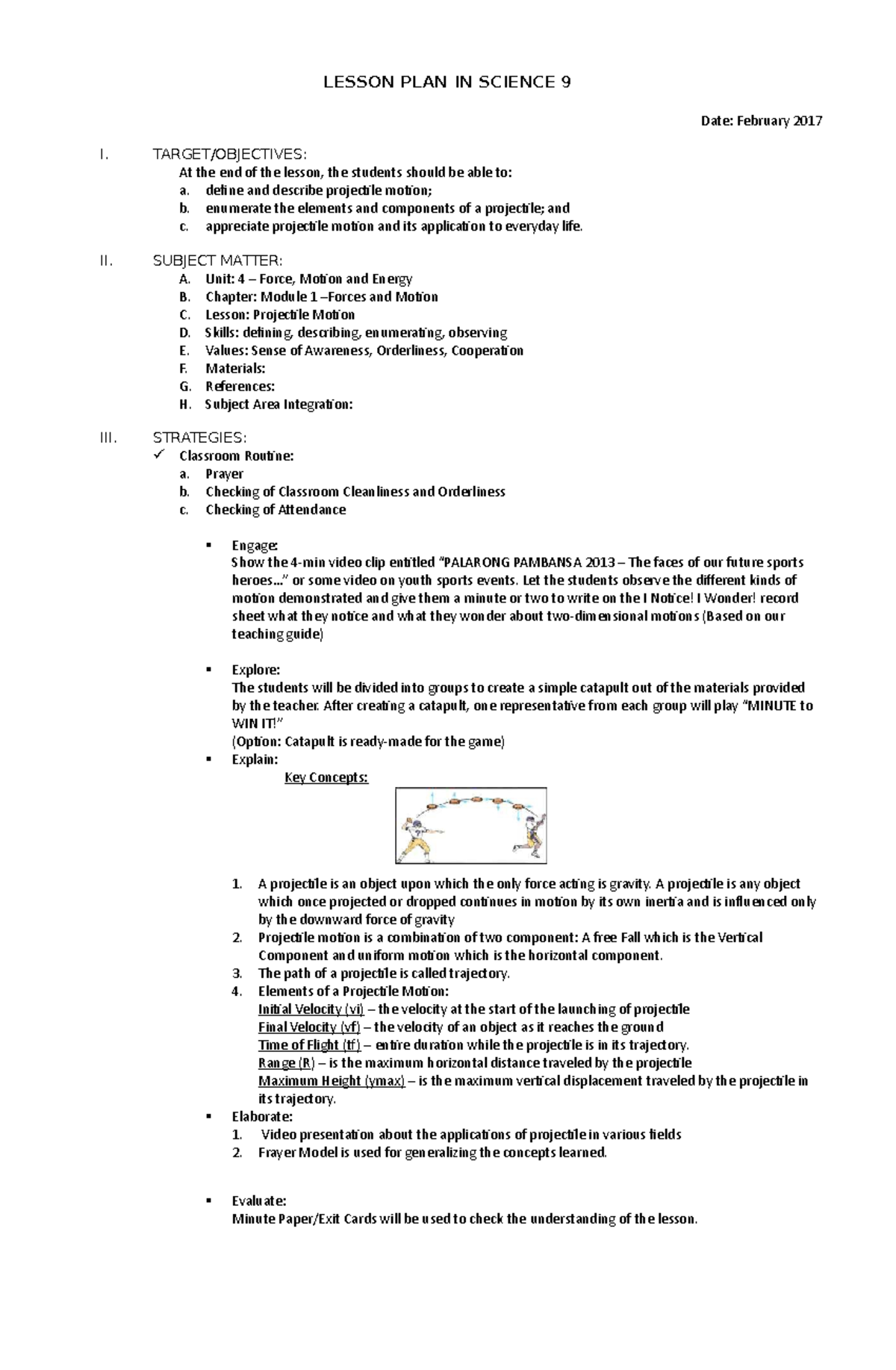 339809167 Projectile Motion LP - LESSON PLAN IN SCIENCE 9 Date ...