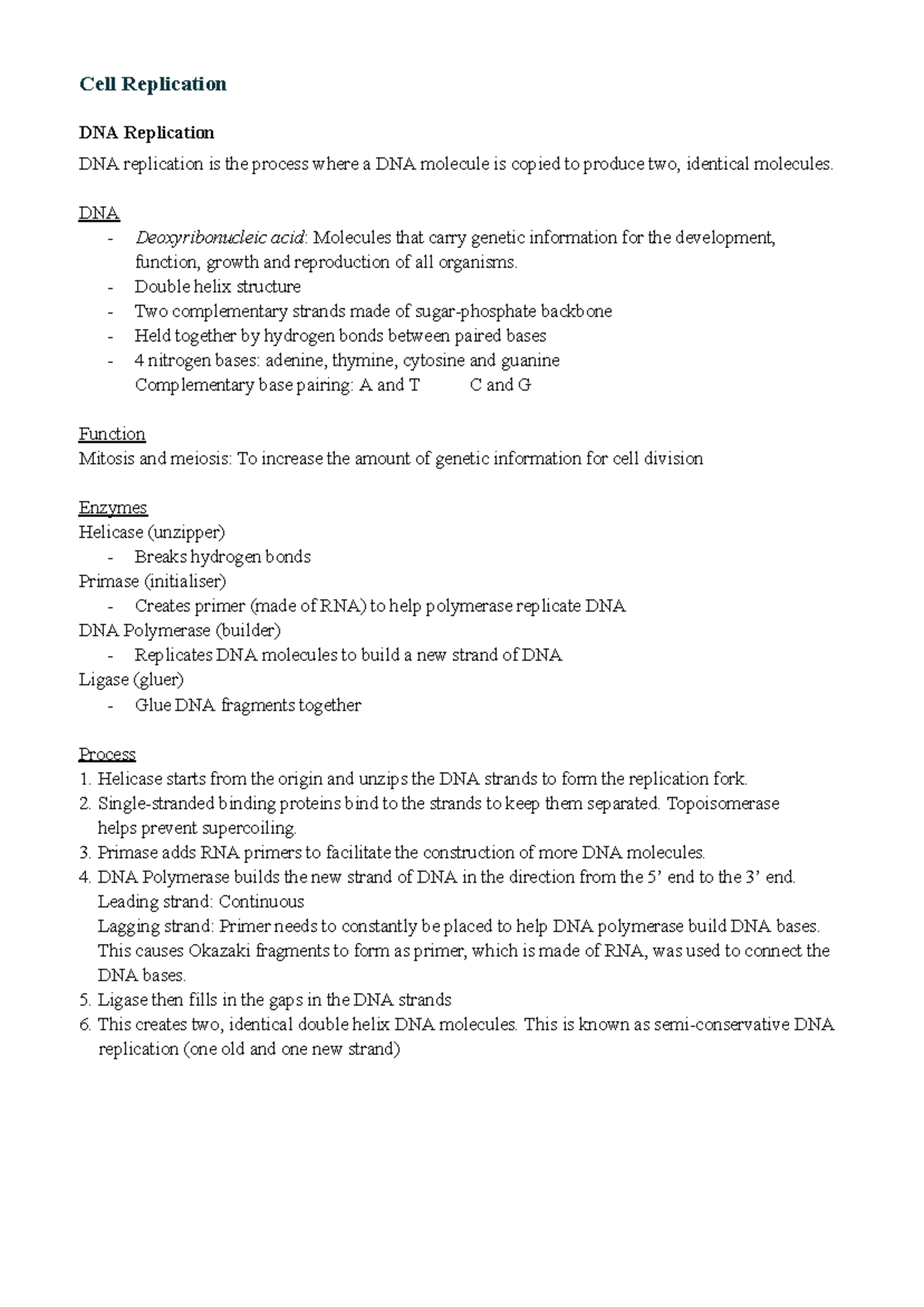 Year 12 Biology Notes: DNA Replication, Mitosis & Meiosis Processes ...